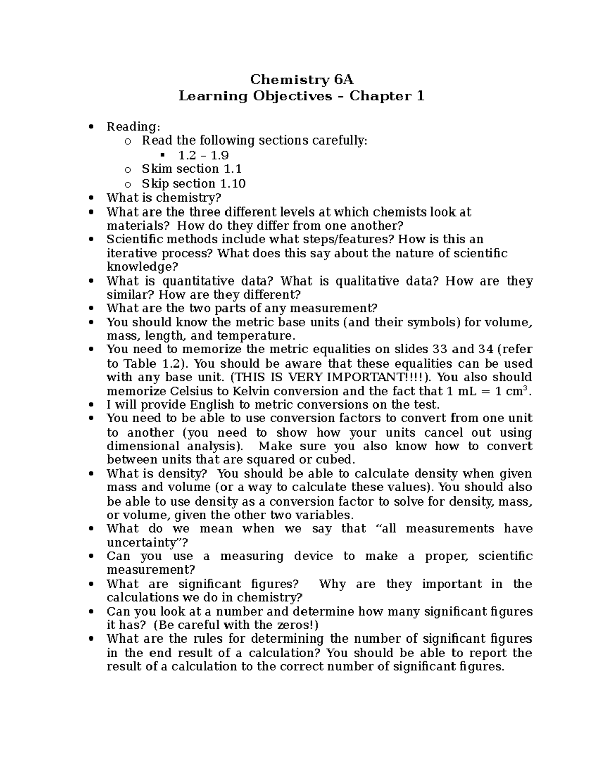 Chem6A learning objectives ch 1-3 - Chemistry 6A Learning Objectives ...