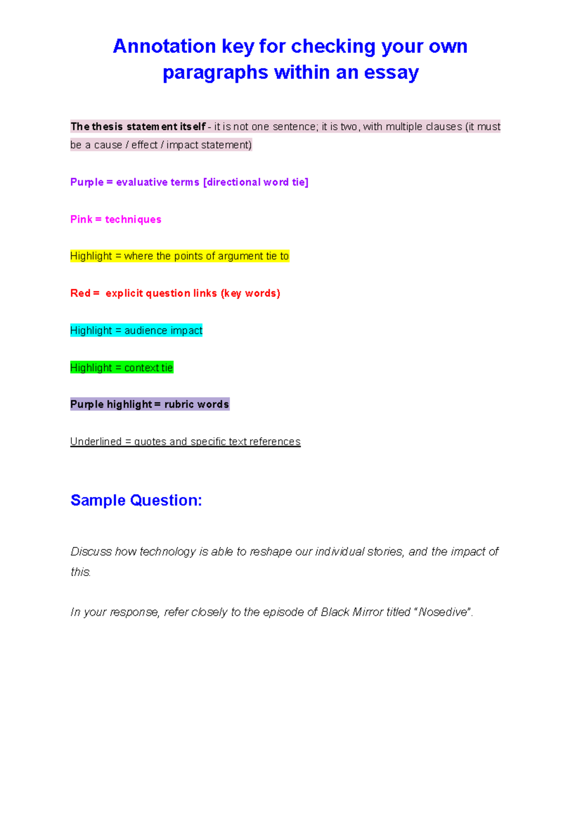 "Black Mirror" Body Paragraph Examples - Annotation key for checking ...
