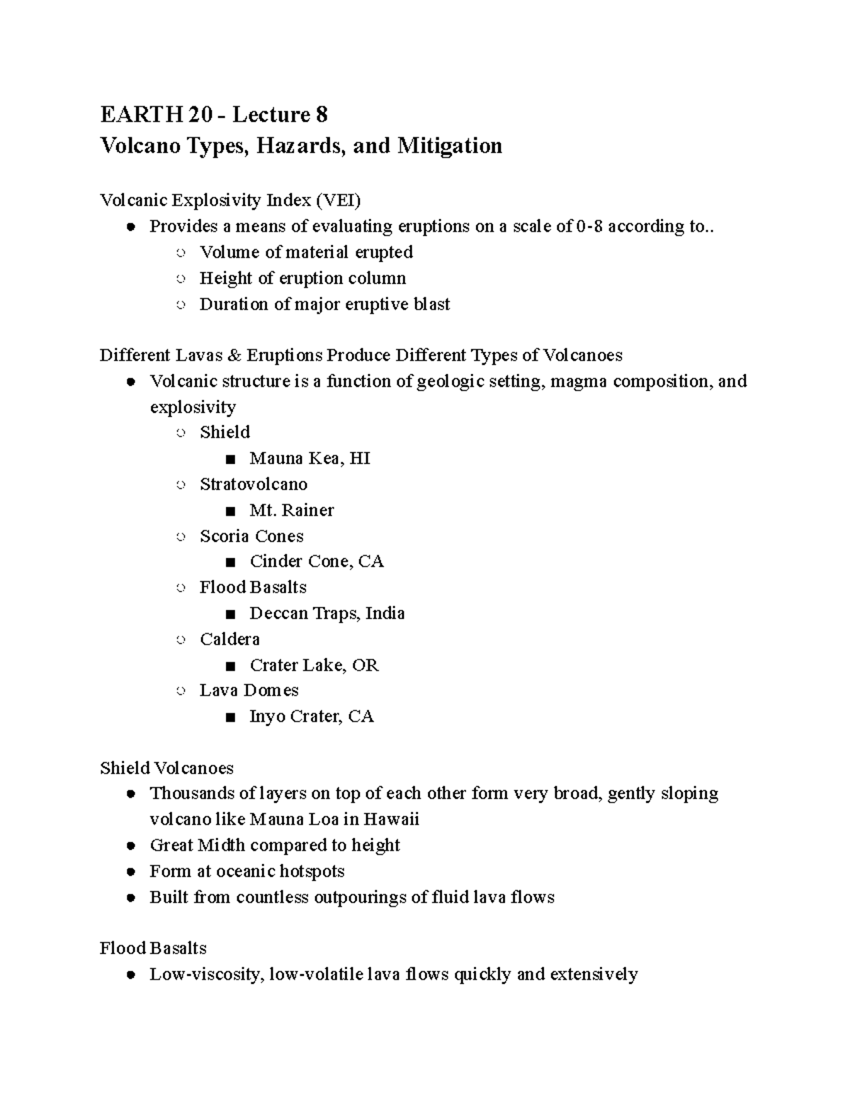 Earth 20 Lecture 8 Notes - EARTH 20 - Lecture 8 Volcano Types, Hazards ...