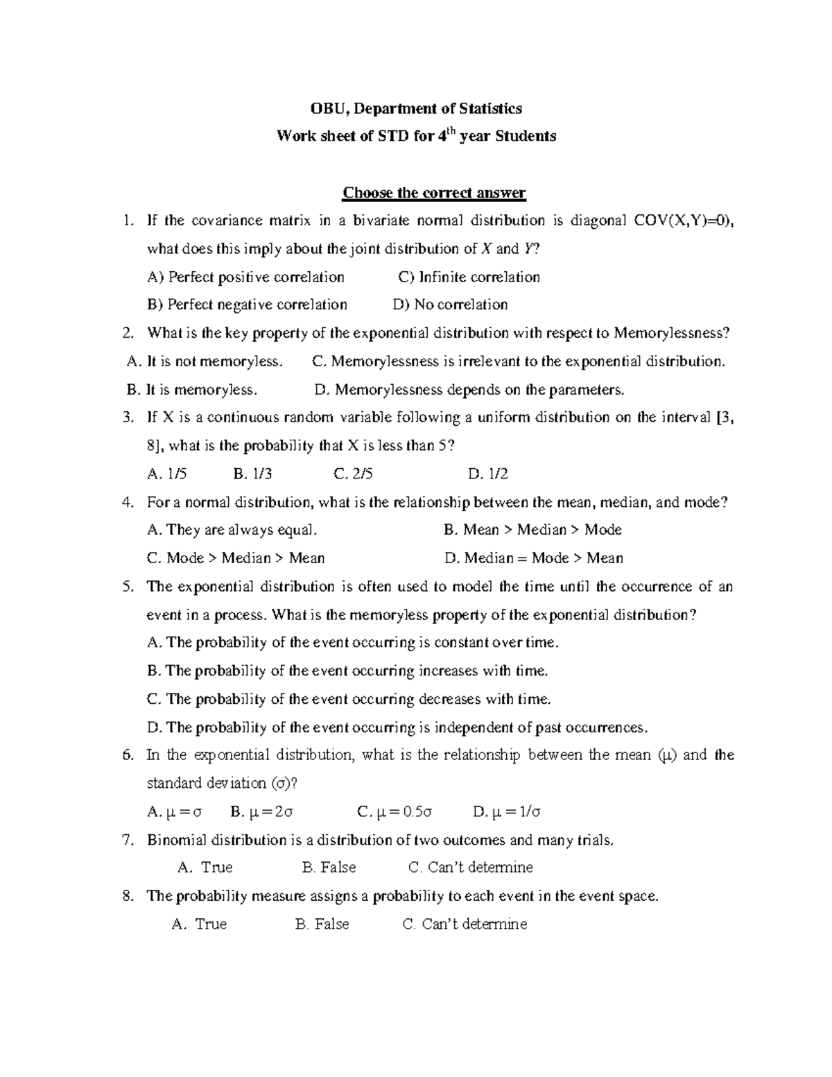 Worksheet of STD - relate with Statistical distribution - OBU ...