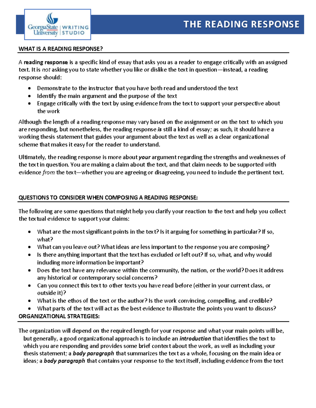Reading-Response - Lecture Notes - THE READING RESPONSE WHAT IS A ...
