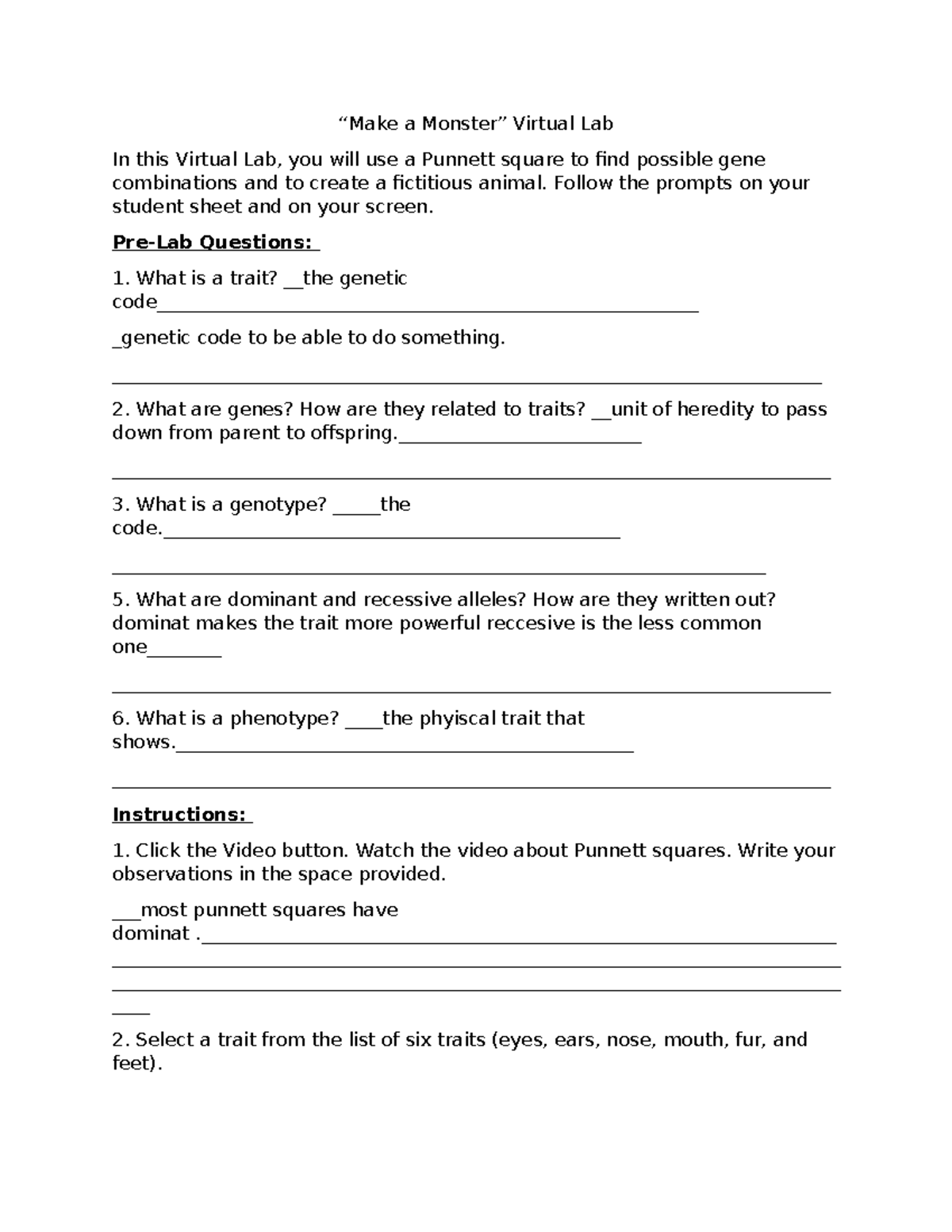 Make a Monster punnett square 1 - “Make a Monster” Virtual Lab In this ...