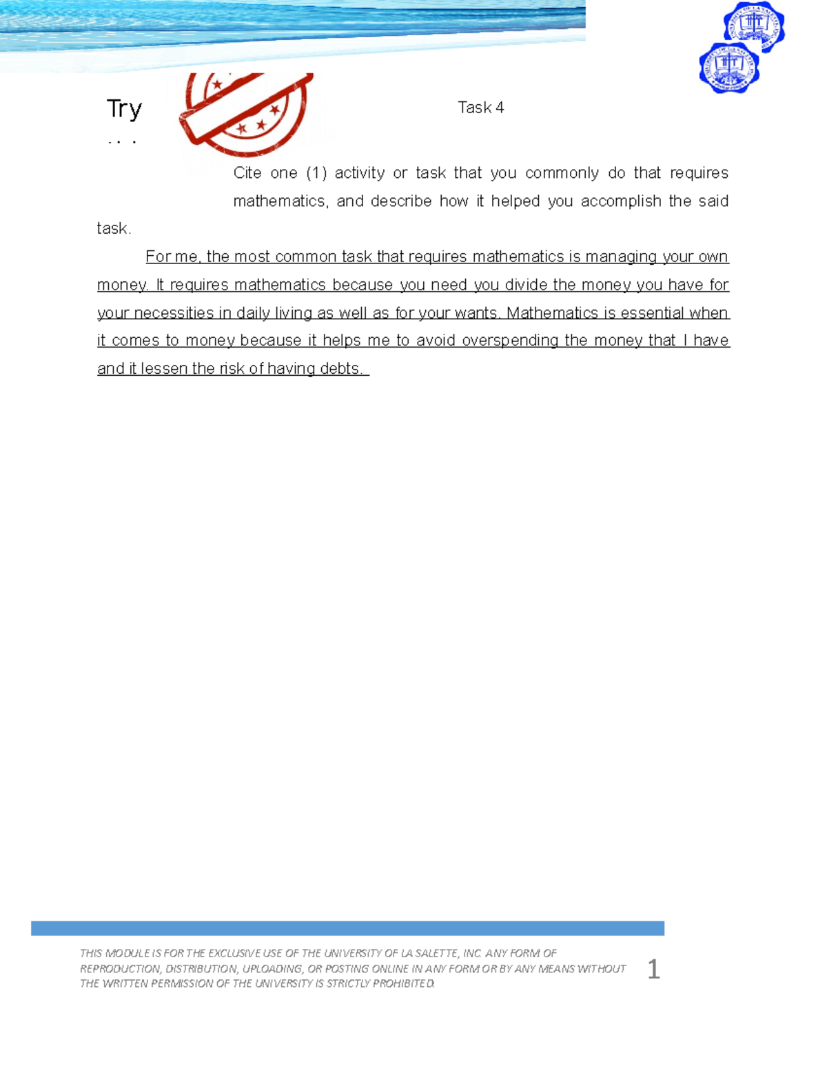 Module 1 TASK 4 - MATH - Task 4 Cite one (1) activity or task that you commonly do that requires ...