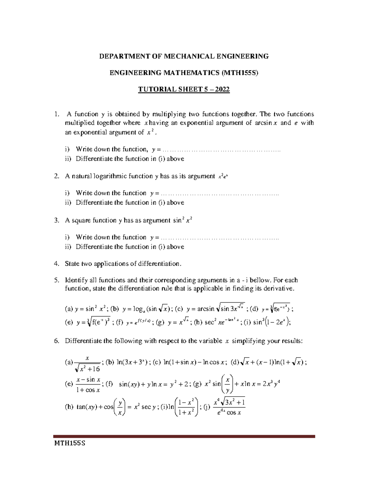 Tutorial Sheet 5 - Questions - MTH155S DEPARTMENT OF MECHANICAL ...