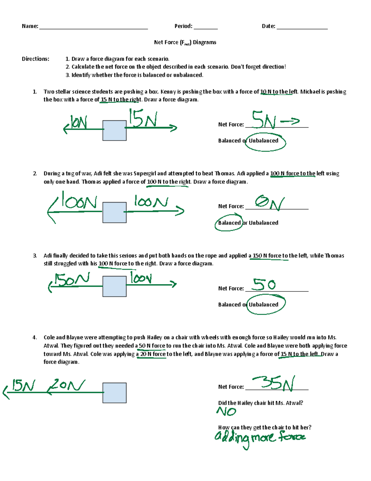Balanced Unbalanced+Net+Force - Name: ____________________________________ Period: ________ Date ...
