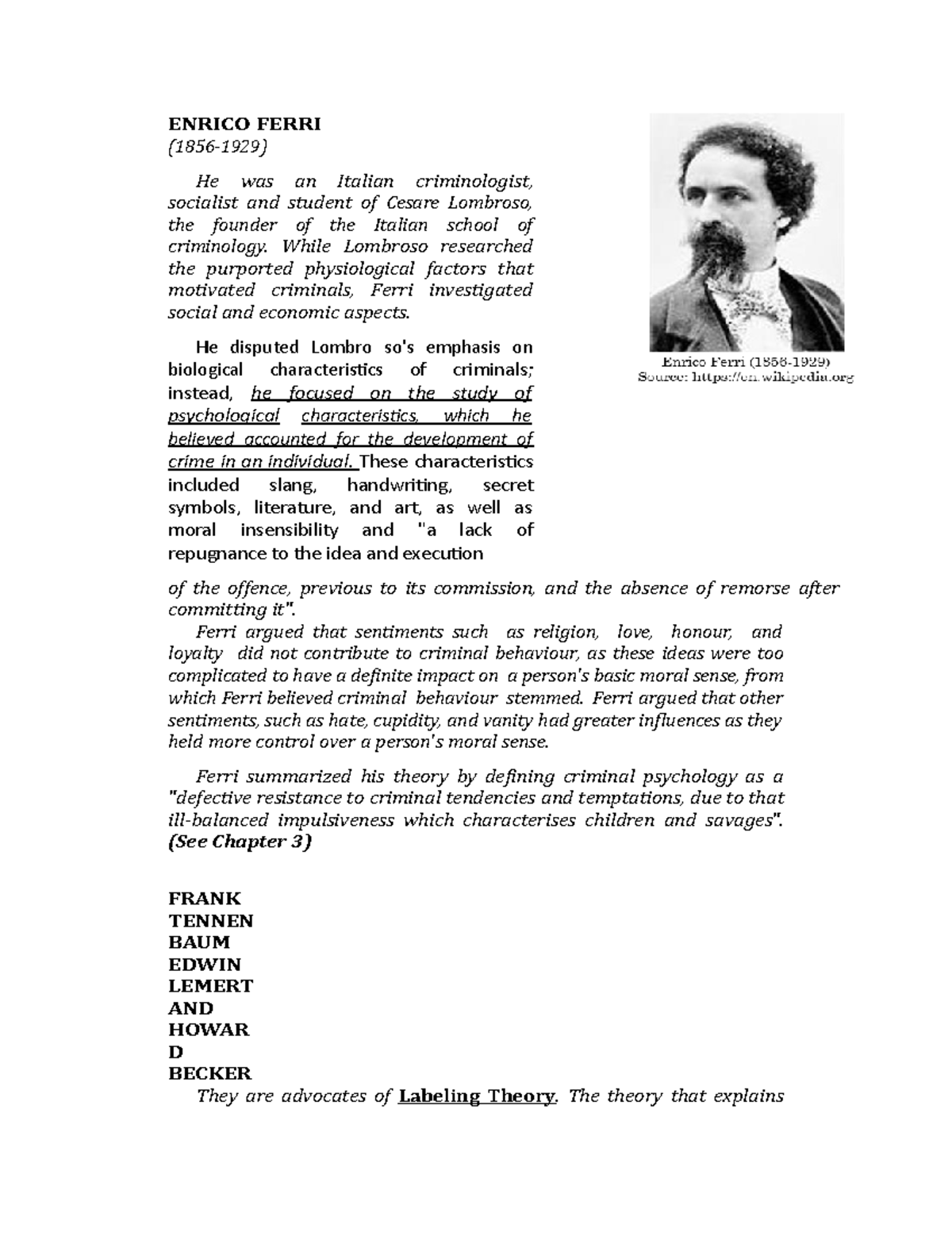 Enrico Ferri - ENRICO FERRI (1856-1929) He was an Italian criminologist ...