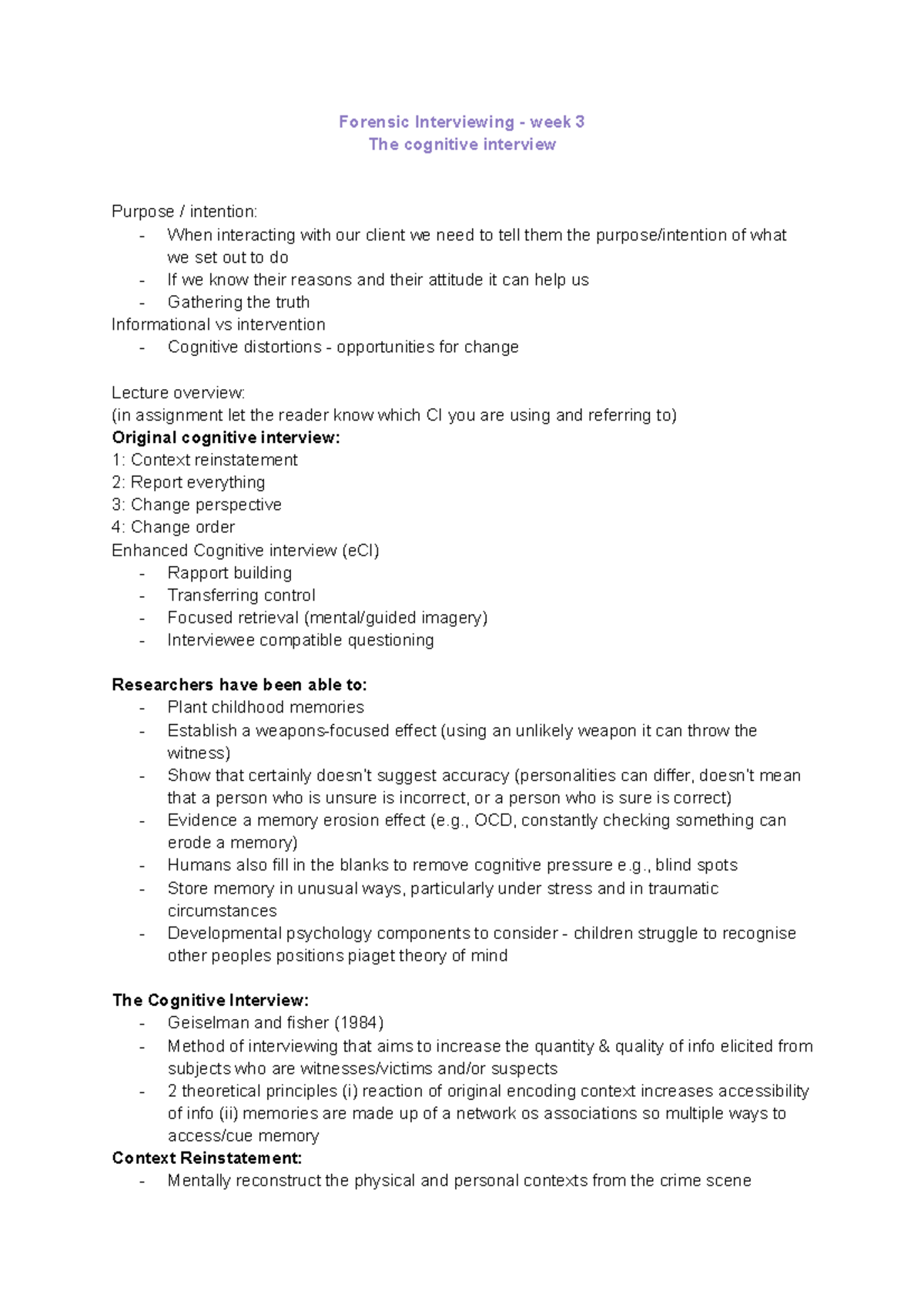 The cognitive interview - week 3 summary notes - Forensic Interviewing ...