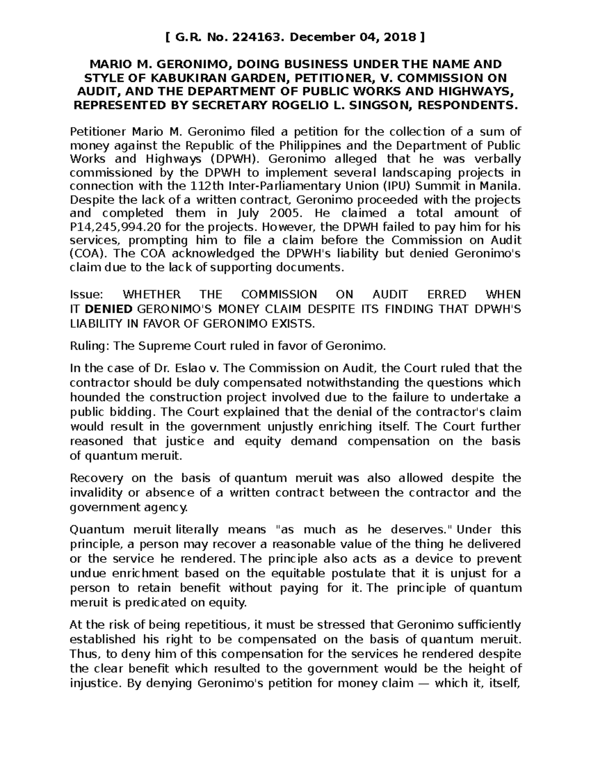 Quantum Meruit - MARIO M. GERONIMO, DOING BUSINESS UNDER THE NAME AND ...