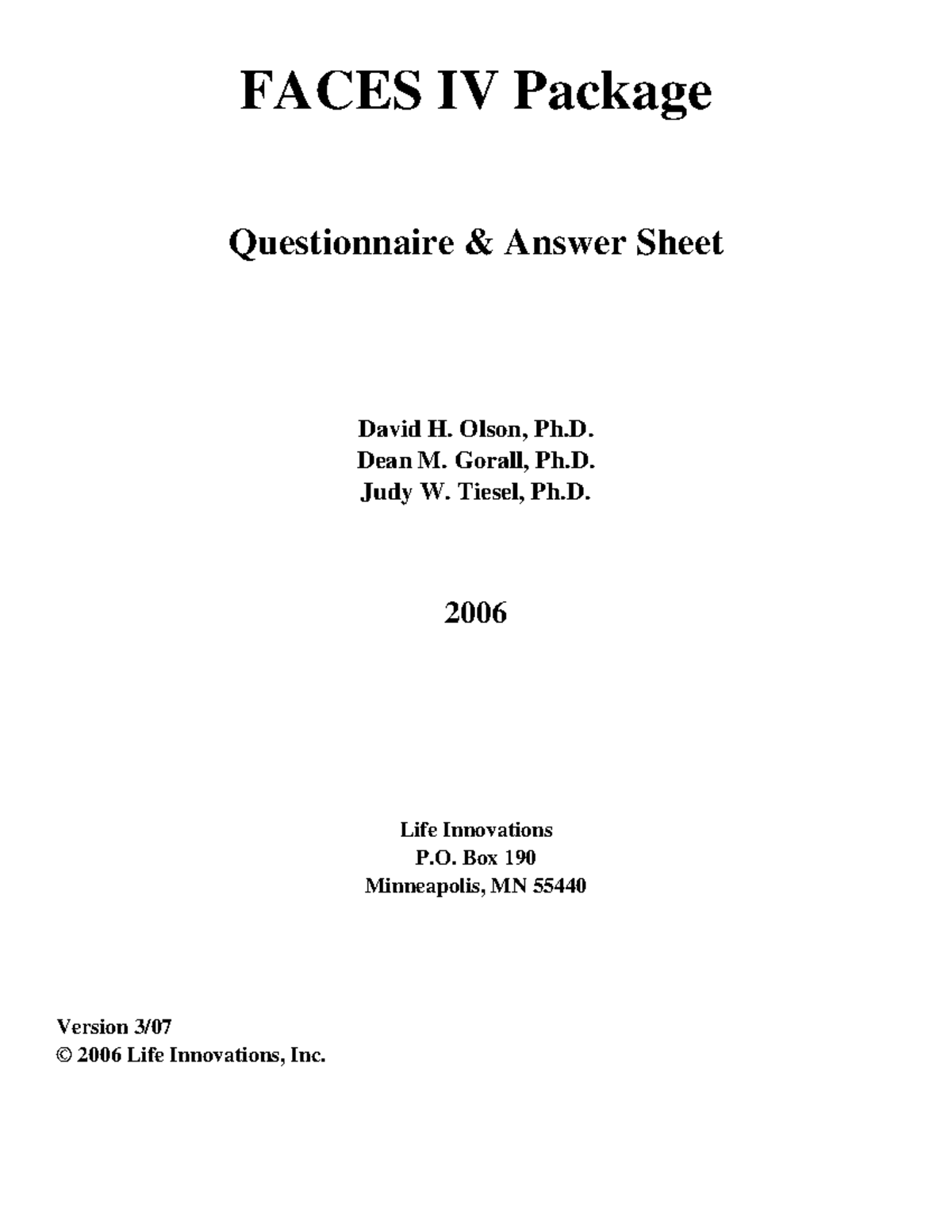 Faces IV - This is a questionnaire developed by olson - FACES IV Package Questionnaire & Answer ...
