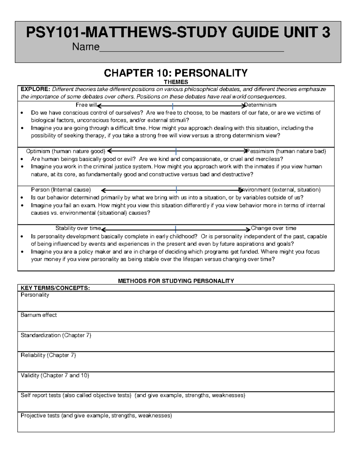 PSY101-Sp17 Unit 3 Study Guide - CHAPTER 10: PERSONALITY THEMES EXPLORE: Different theories take ...