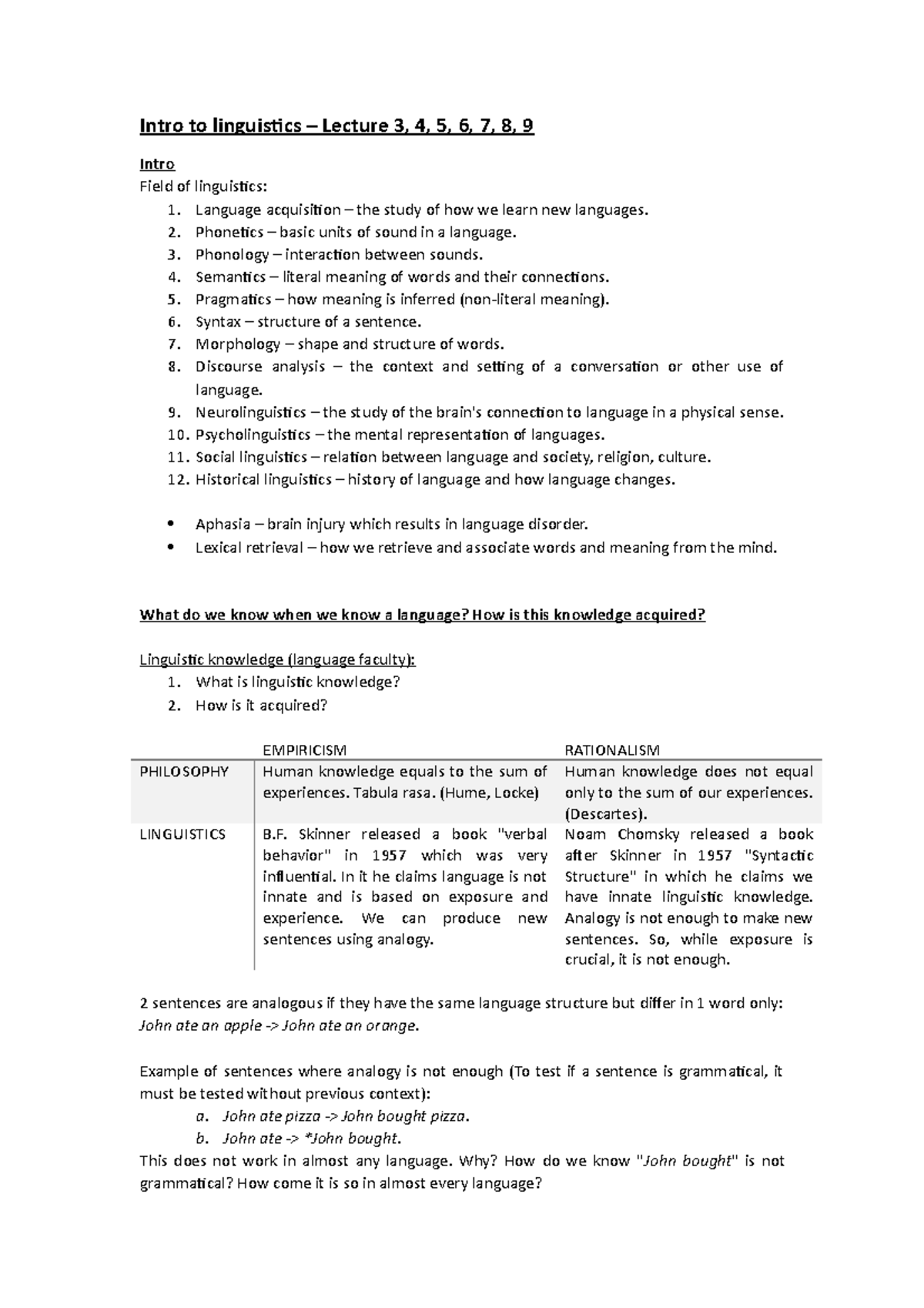 Intro - classes 1-9 - Lecture notes 1-9 - Intro to linguistics ...