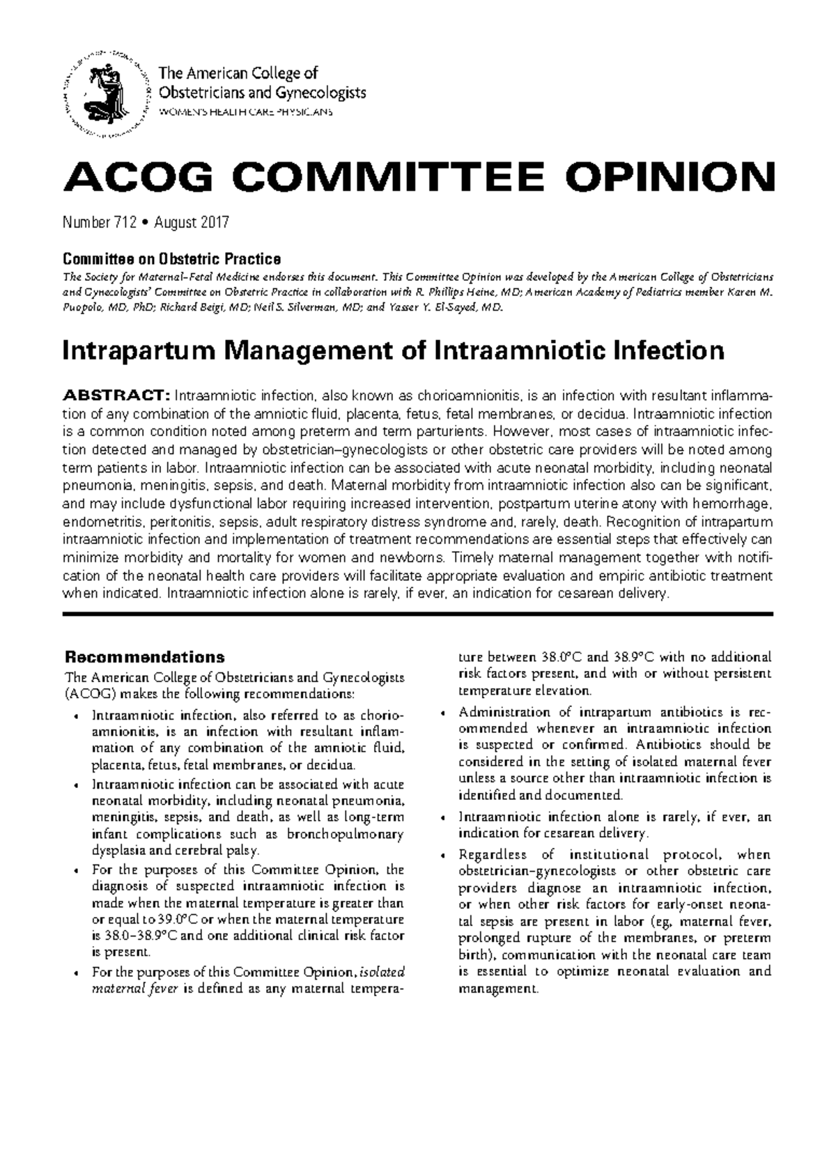Intrapartum Management of Intraamniotic Infection - Intraamniotic ...