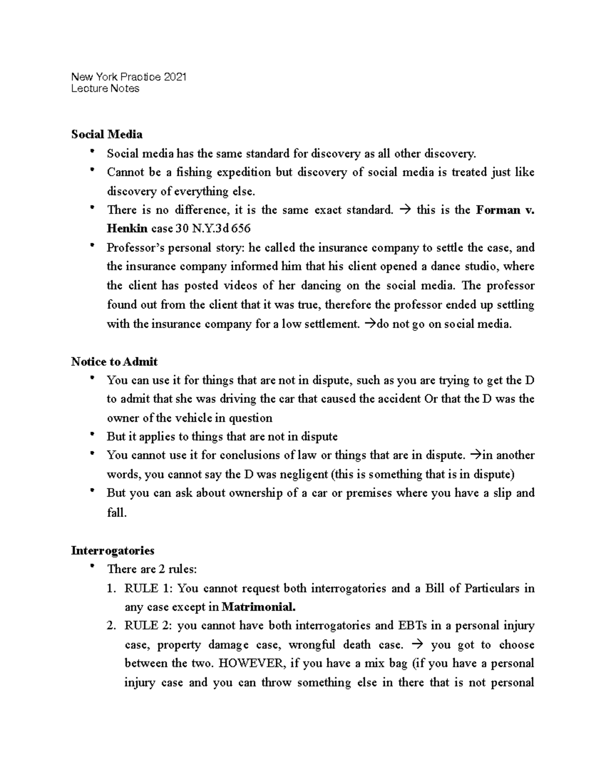 Lecture Notes on Interrogatories - New York Practice 2021 Lecture Notes ...