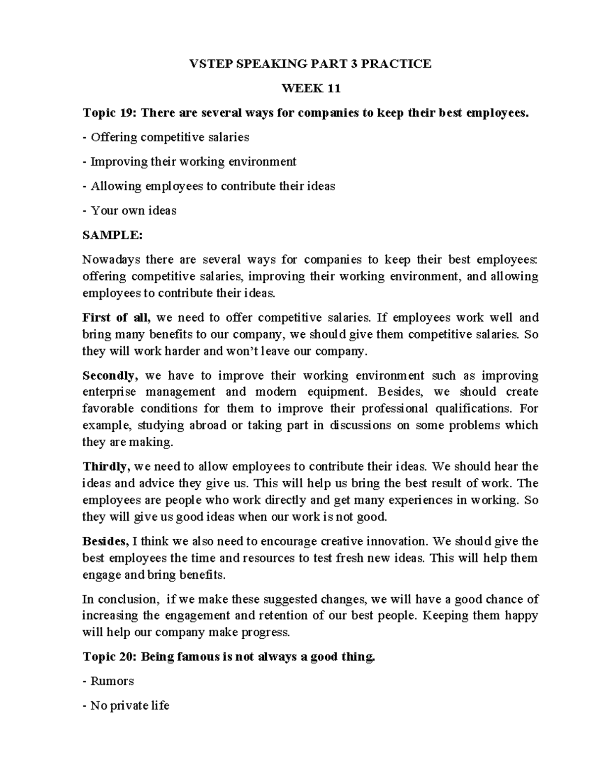 Speaking PART 3 Practice Week 11 - VSTEP SPEAKING PART 3 PRACTICE WEEK ...