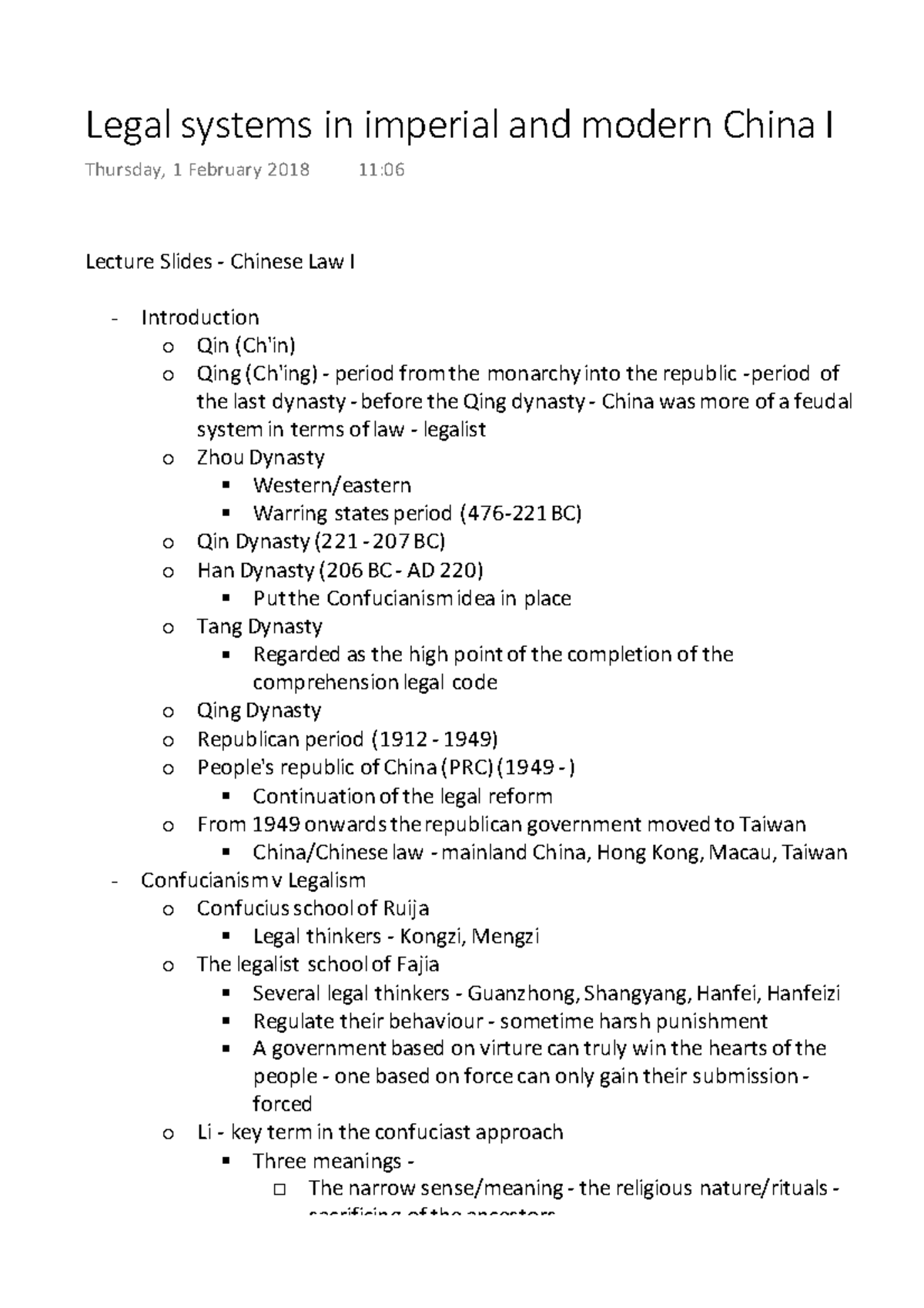 Legal systems lecture 14 Legal systems in imperial and modern China I ...