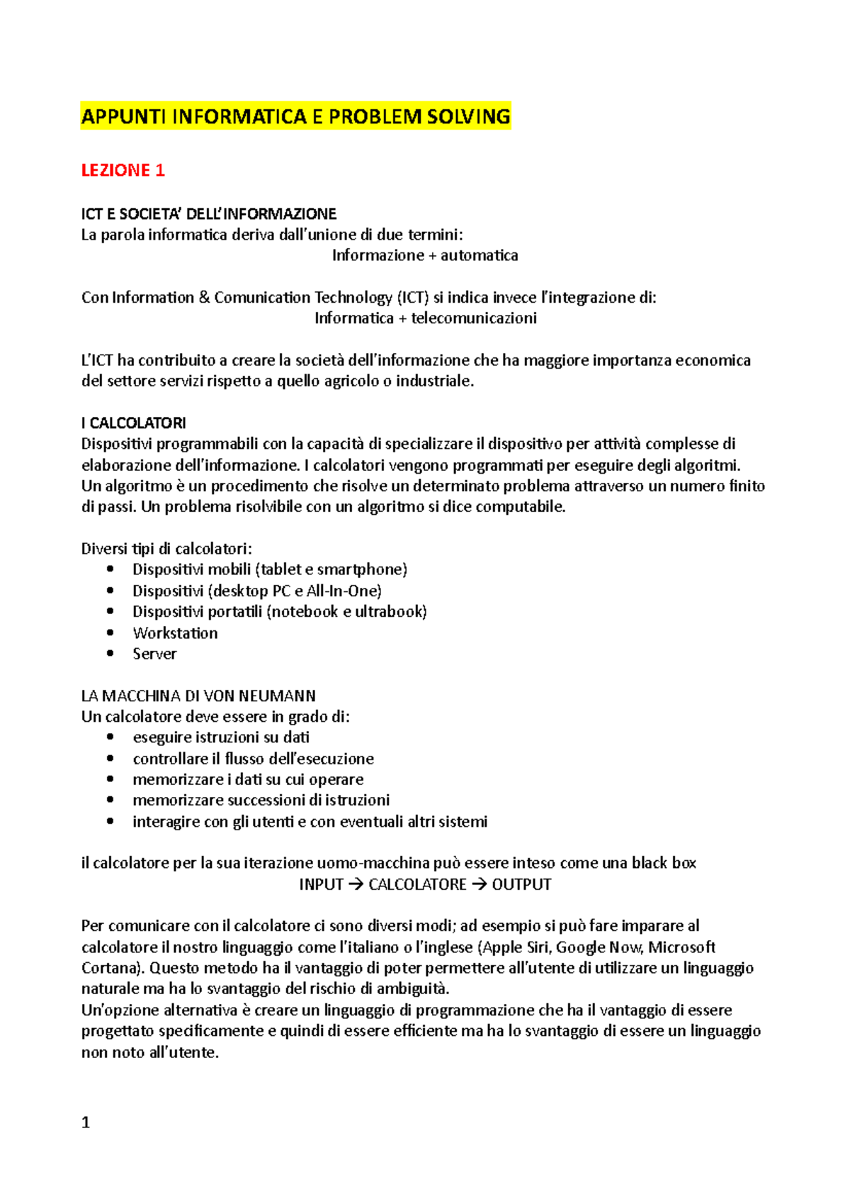 Appunti Informatica E Problem Solving - APPUNTI INFORMATICA E PROBLEM SOLVING LEZIONE 1 ICT E ...