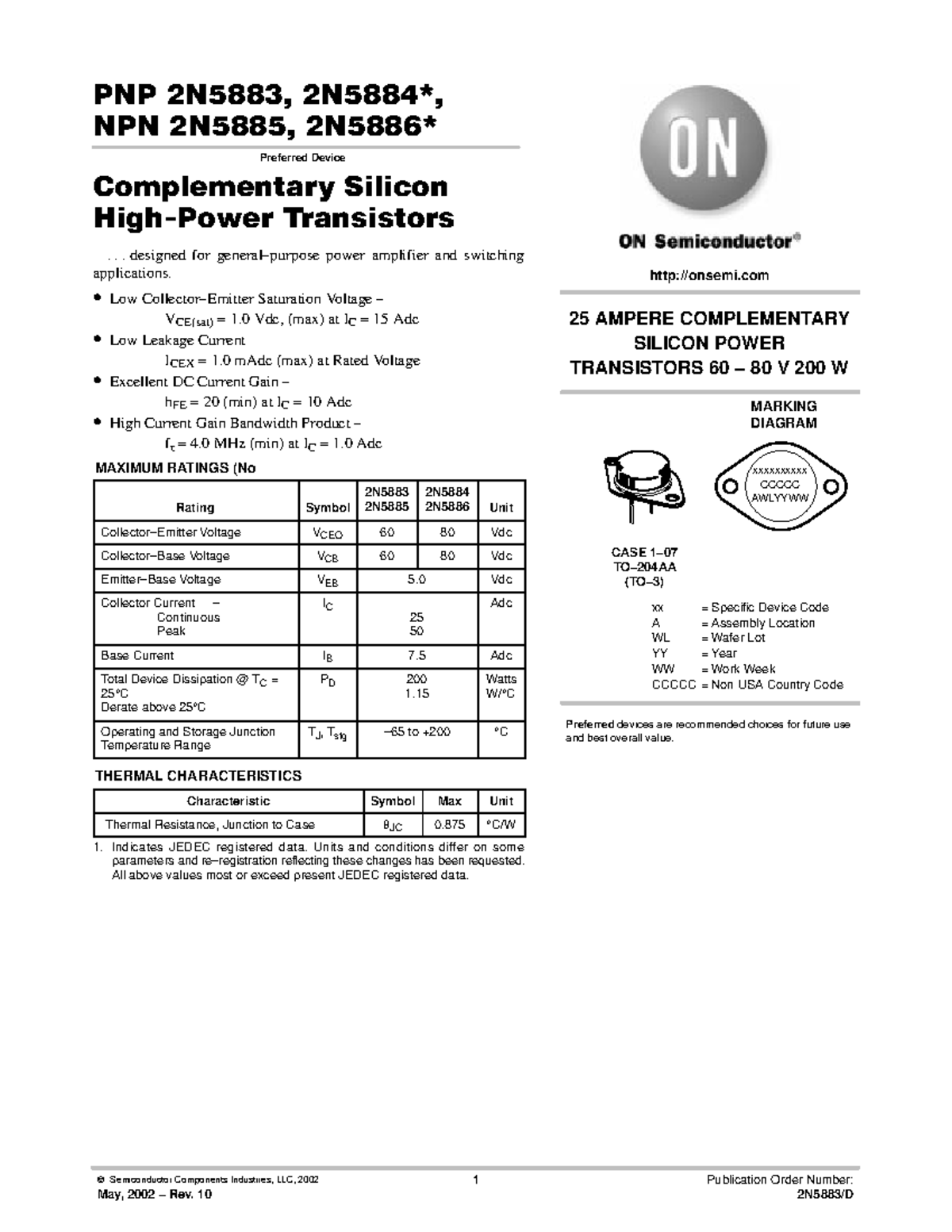2N5883 - Semiconductor Components Industries, LLC, 2002 May, 2002 – Rev ...