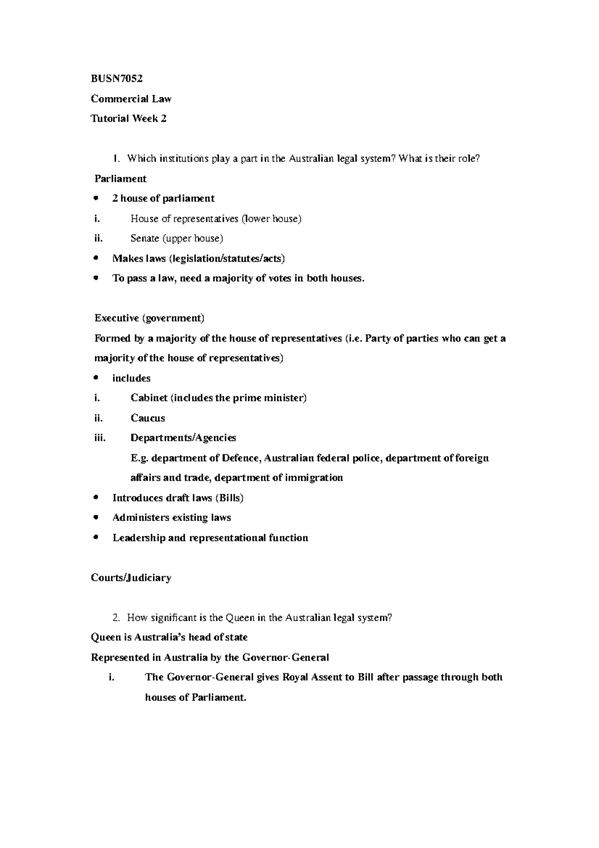 Tutorial 1 - BUSN7052 Commercial Law Tutorial Week 2 1. Which ...