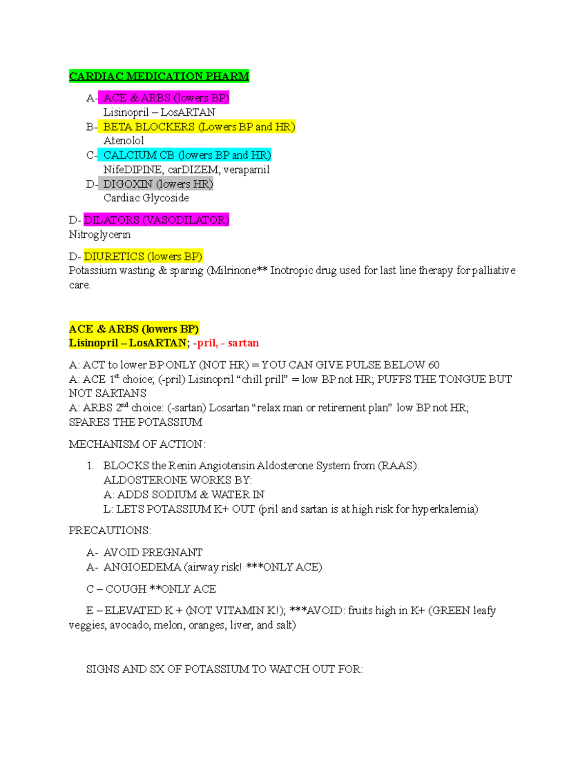Cardiac Medication Pharm - CARDIAC MEDICATION PHARM A- ACE & ARBS ...