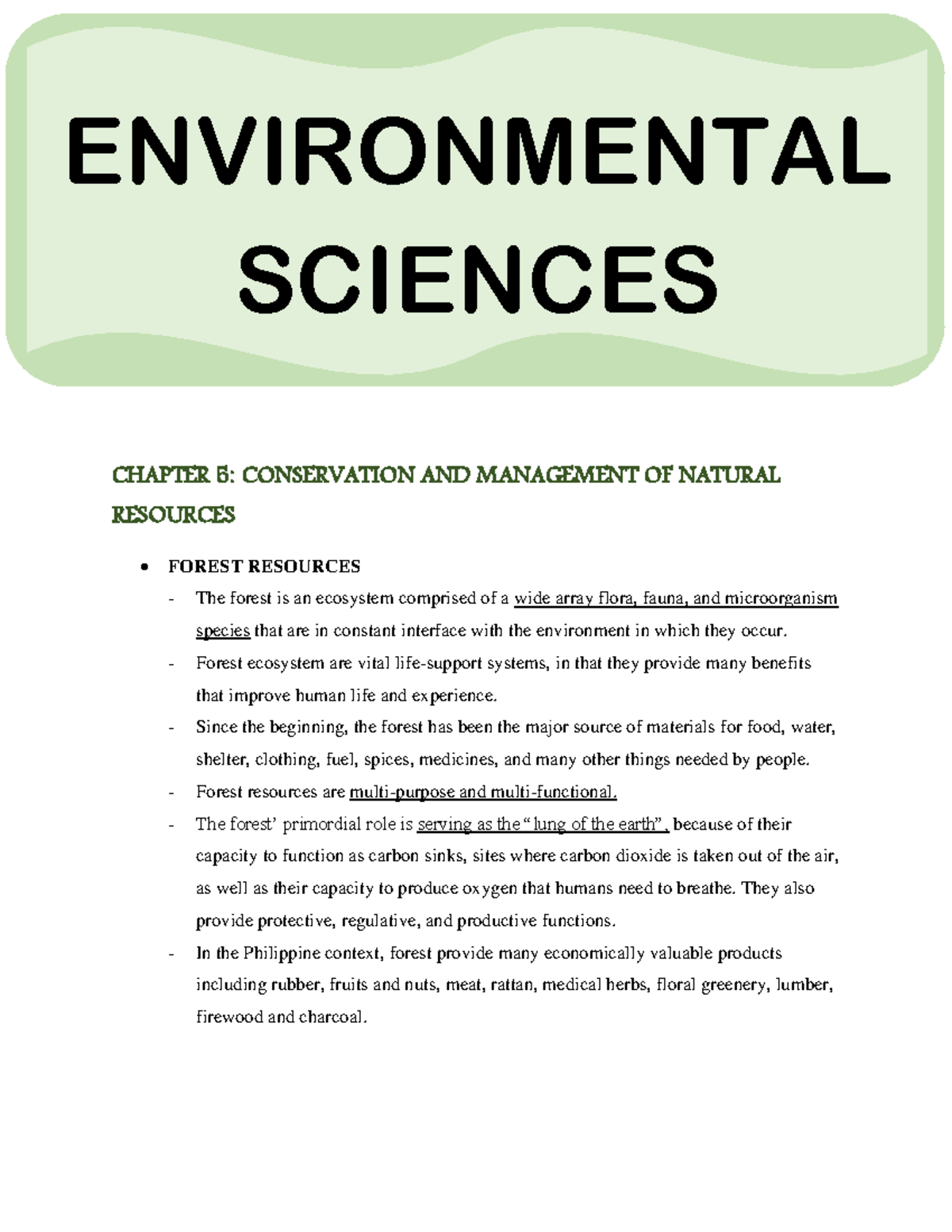 Environmental Science - CHAPTER 5 : CONSERVATION AND MANAGEMENT OF ...