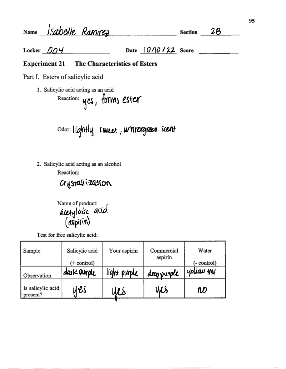 Esters Lab CHEM-2B - 95 Name Isabelle Ramirez Section 2B Locker 004 ...