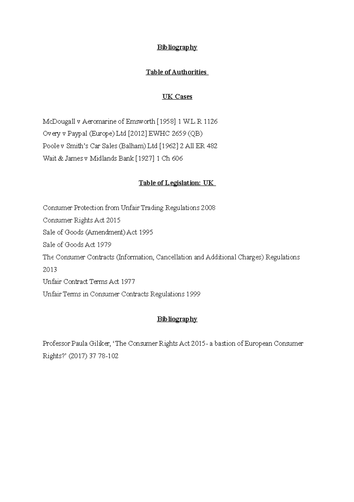 Bibliography - notes - Bibliography Table of Authorities UK Cases ...