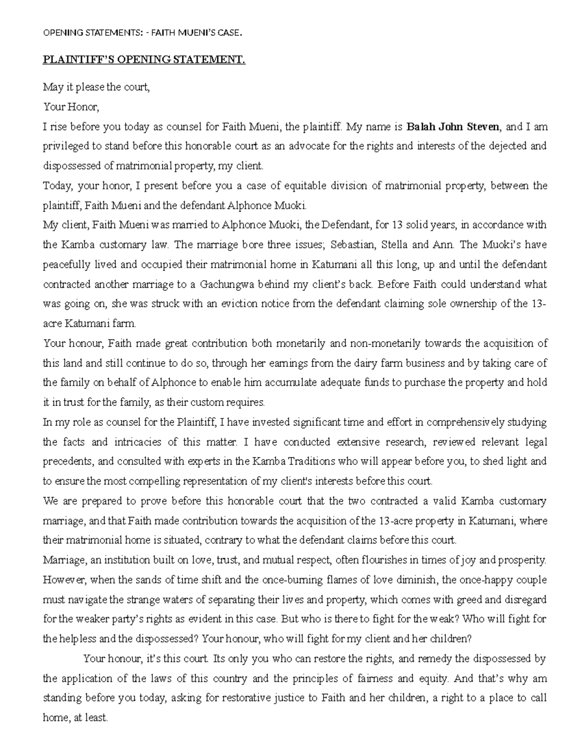 Opening Statements Class WORK - OPENING STATEMENTS: - FAITH MUENI’S ...