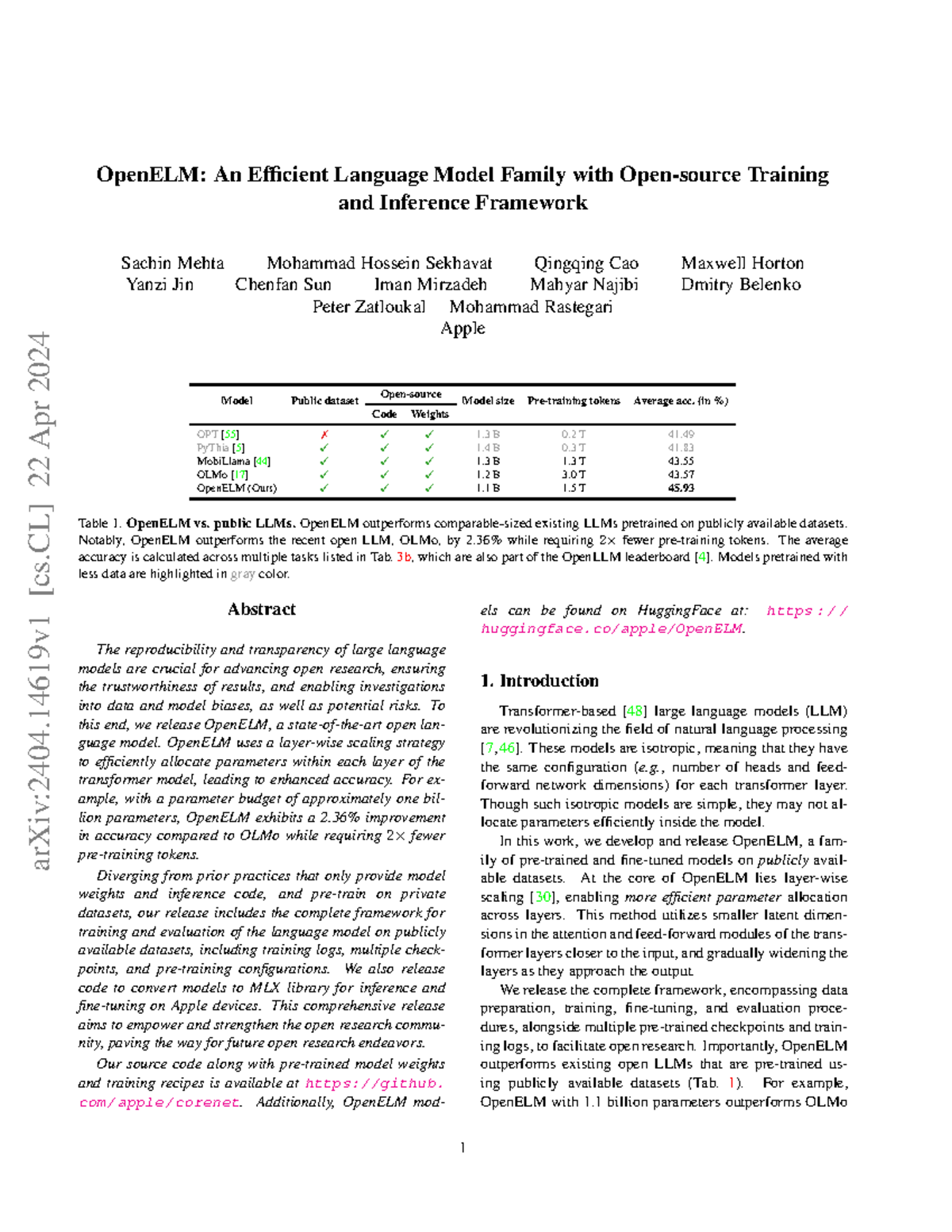 2404 - LLM - OpenELM: An Efficient Language Model Family with Open-source Training and Inference ...