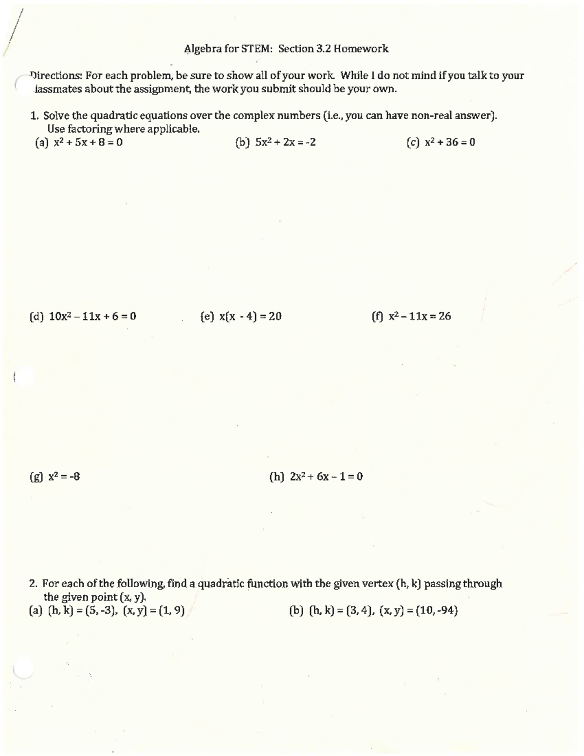 Quadractics Homework - Dr. Carol Lucas - MATH 1533 - Studocu