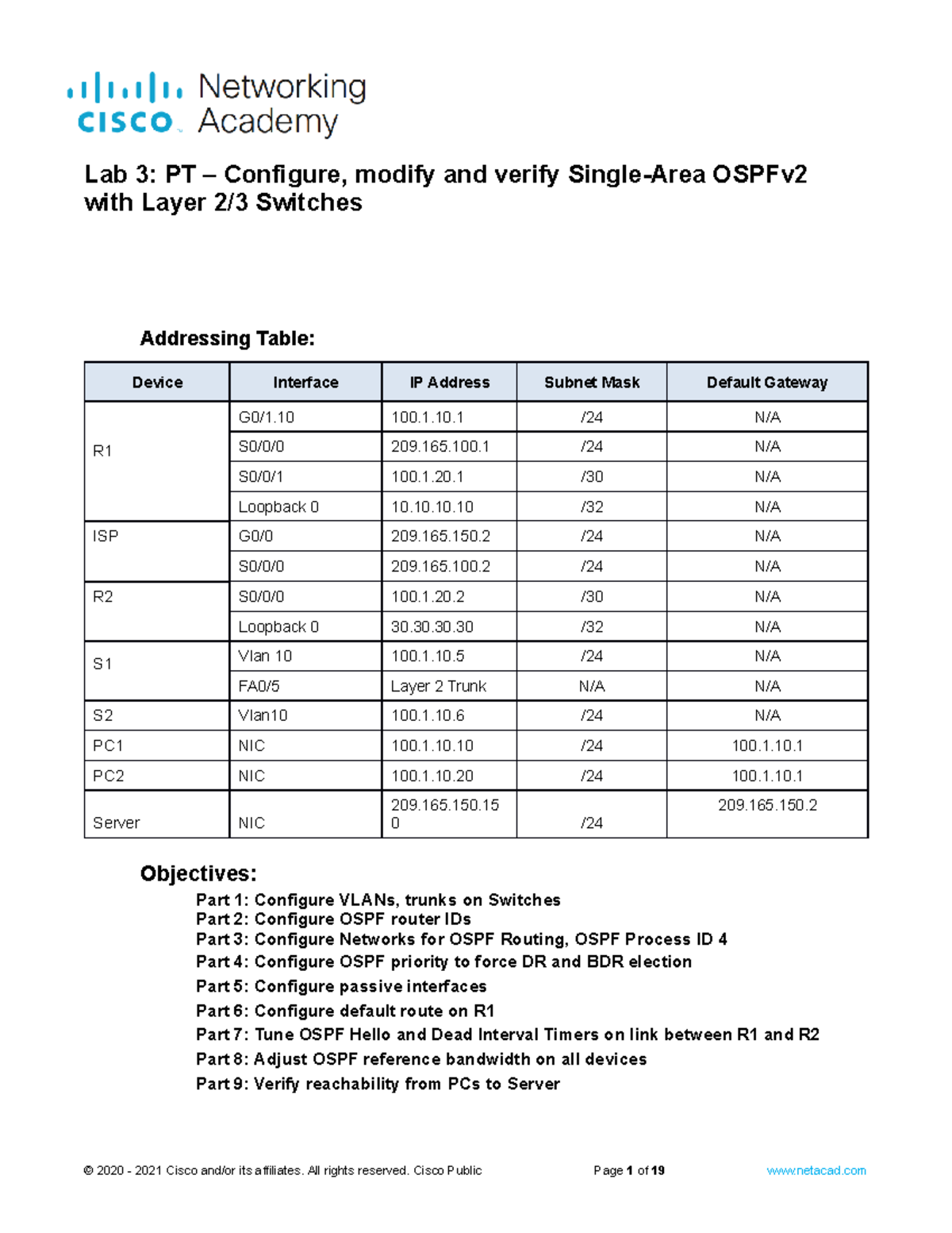 Single-Area OSPFv 2 Configuration with Switches - Lab 3: PT – Configure, modify and verify - Studocu