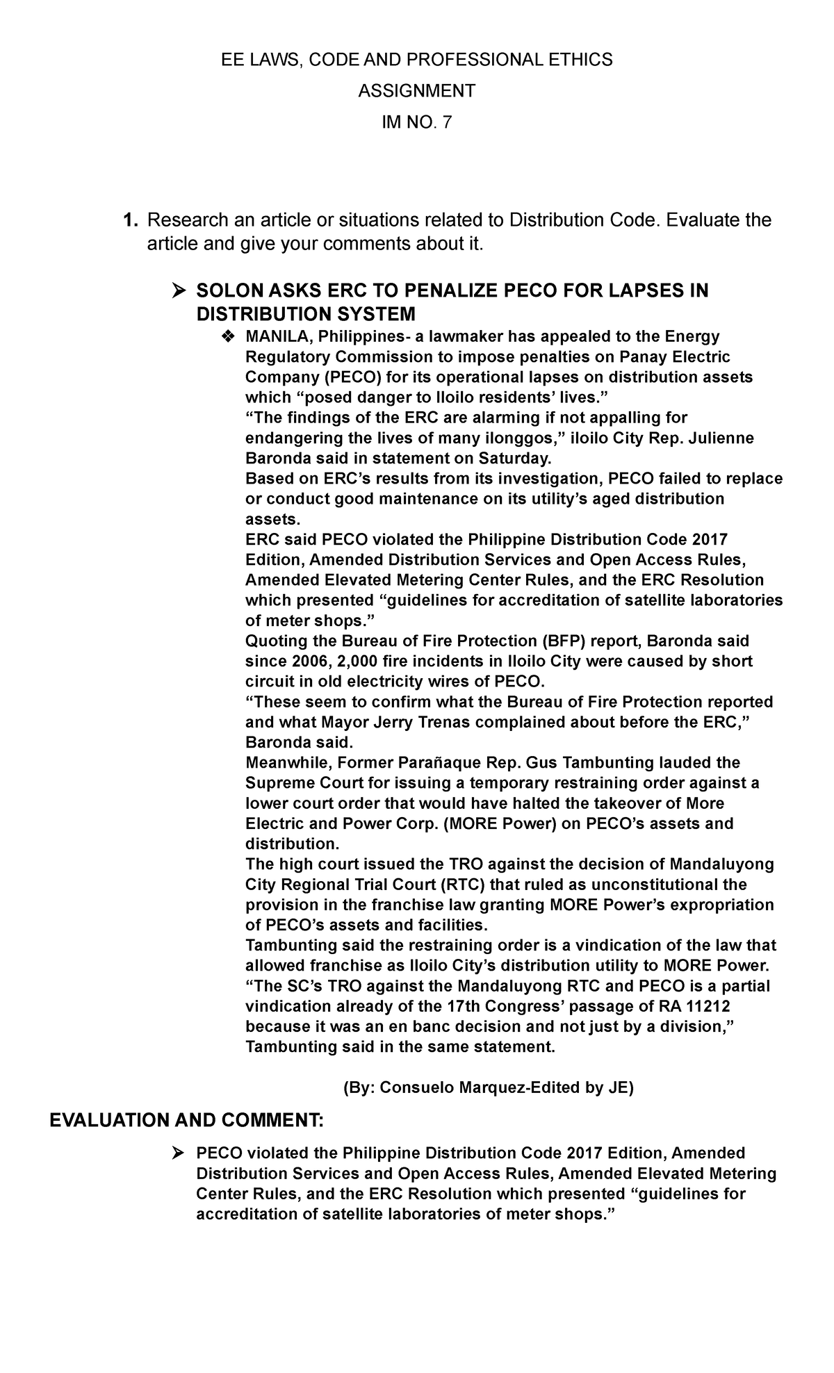 EE LAWS,CODE AND Ethics Assignment IM NO. 7 - EE LAWS, CODE AND ...
