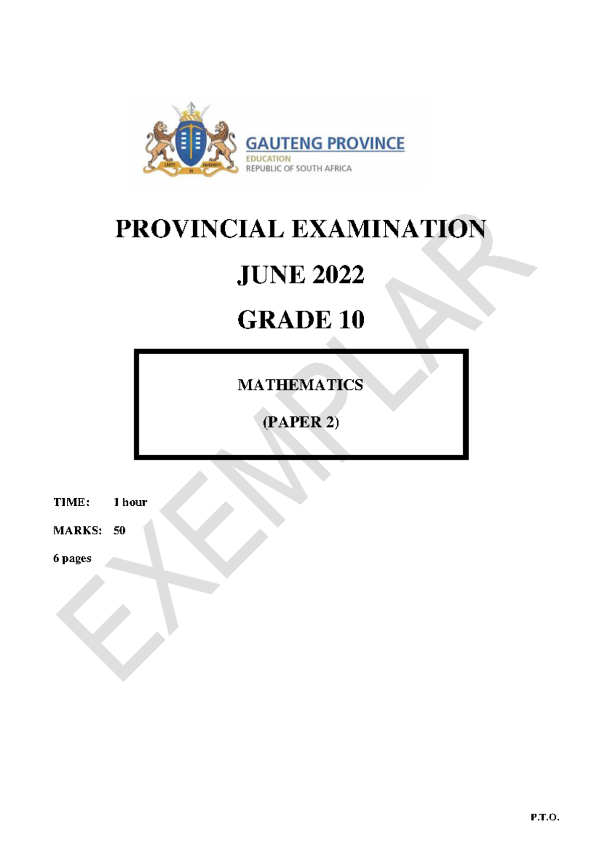2022 Grade 10 MID YEAR EXAM JUNE MATH Paper 2 - (Paper 2) 10612/ 1 ...
