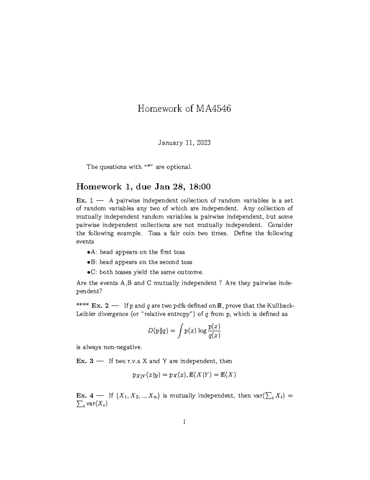 Hw - homework for MA4546 - Homework of MA January 11, 2023 The ...