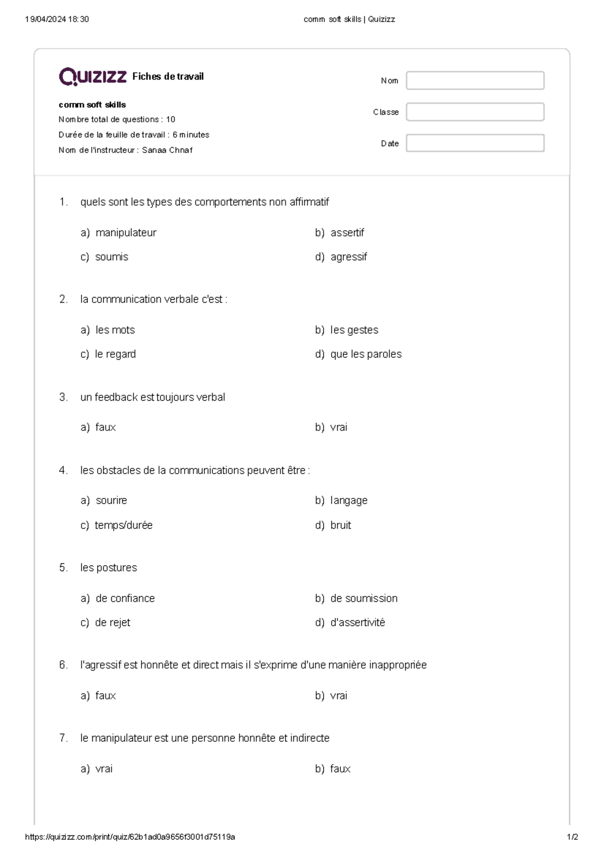 Comm soft skills Quizizz - Fiches de travail comm soft skills Nombre ...