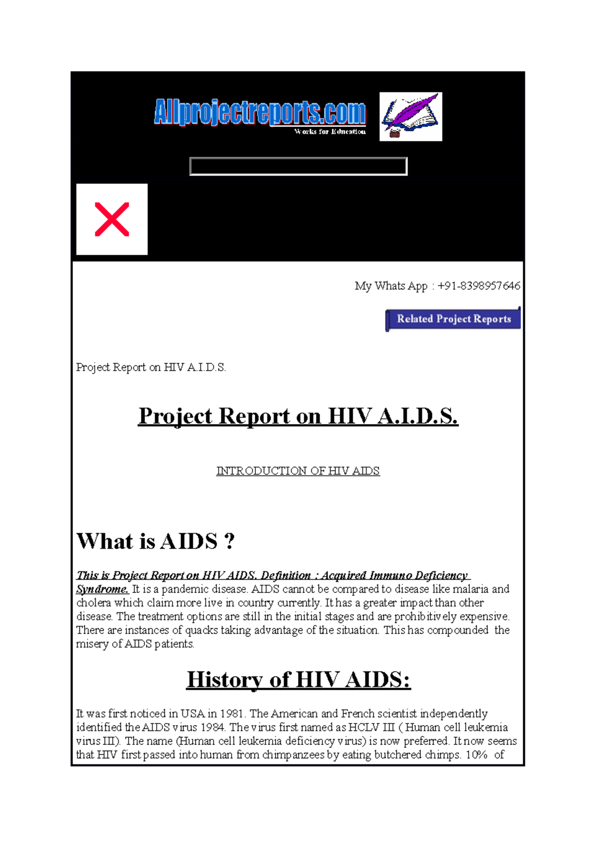 Aids project - My Whats App : +91- Project Report on HIV A.I.D. Project ...