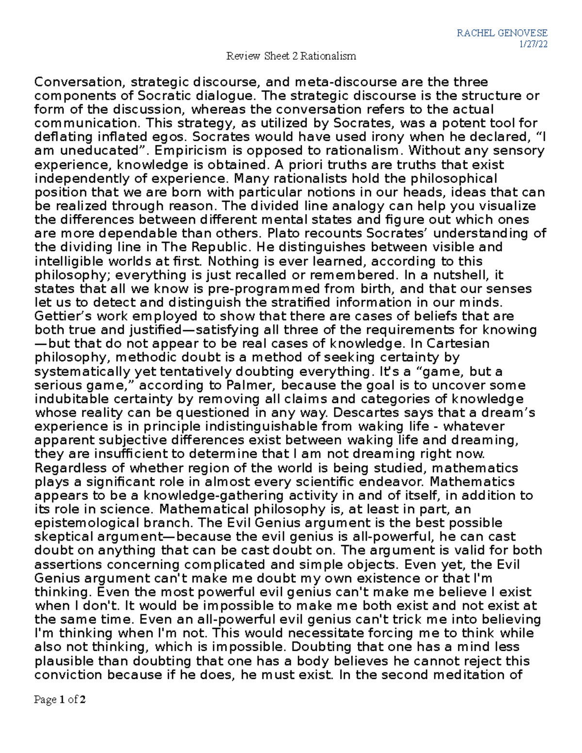 Review Sheet 2 Rationalism - RACHEL GENOVESE 1/27/ Review Sheet 2 ...