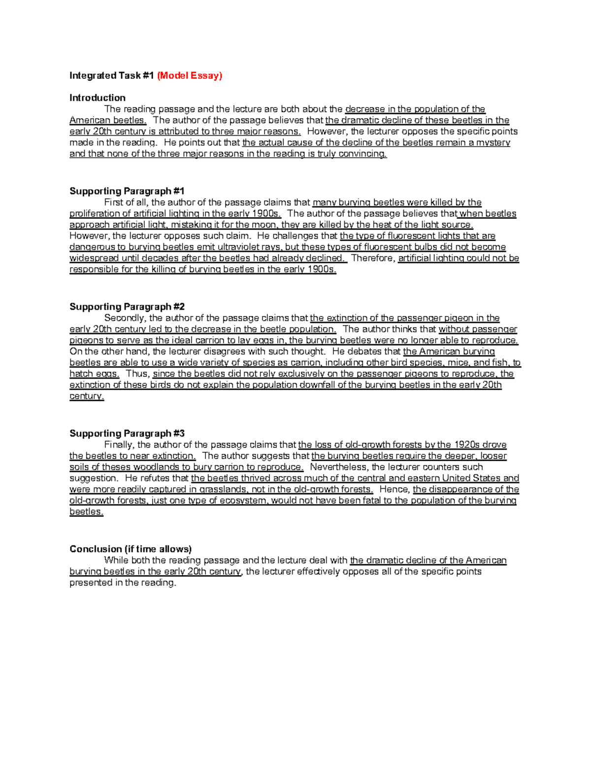Model essay 3 - Integrated Task #1 (Model Essay) Introduction The reading passage and the ...