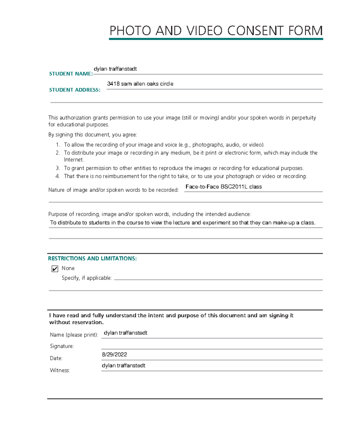2011 L Video Consent Form - PHOTO AND VIDEO CONSENT FORM STUDENT NAME ...