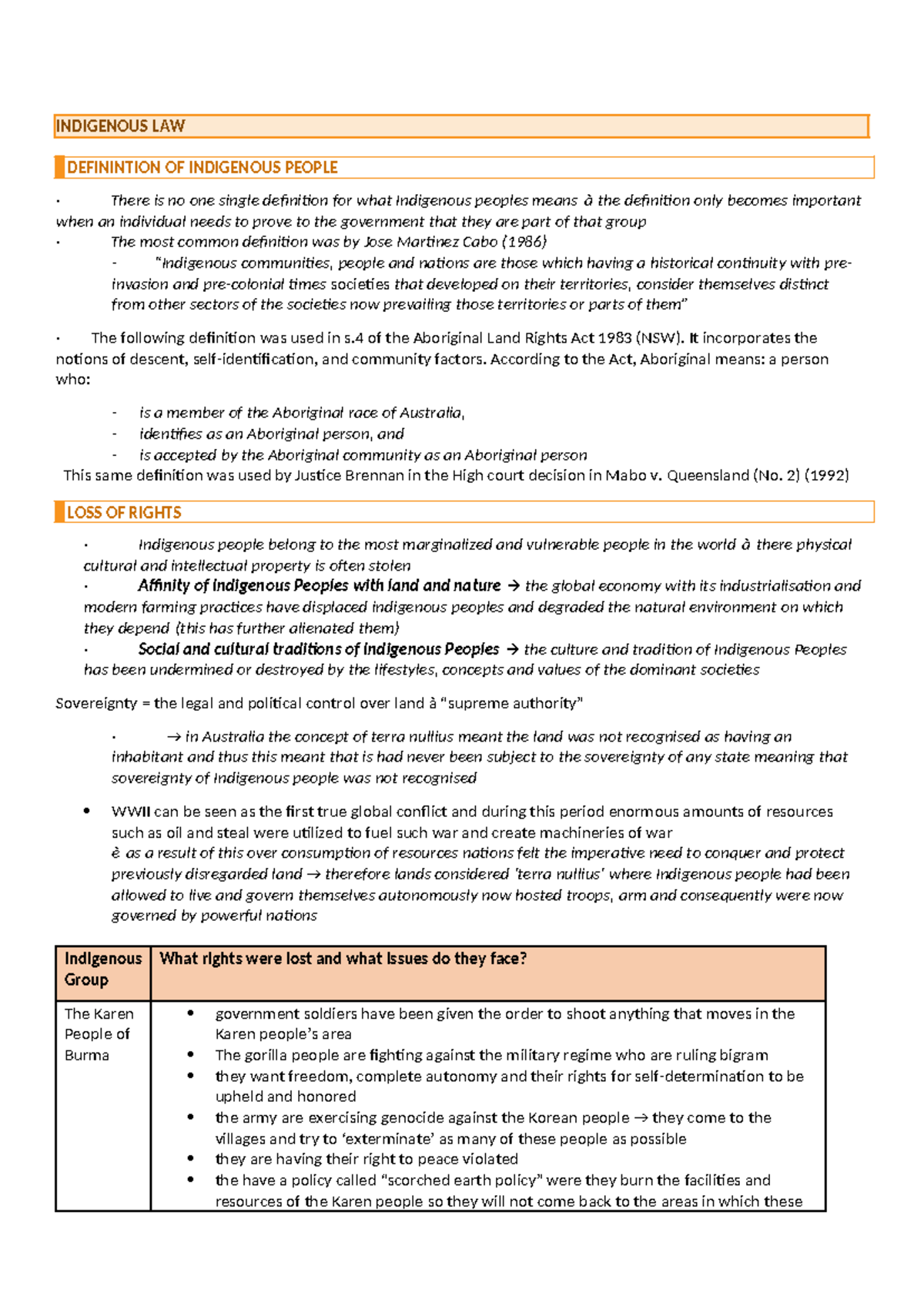 Indigenous LAW notes - INDIGENOUS LAW DEFININTION OF INDIGENOUS PEOPLE ...