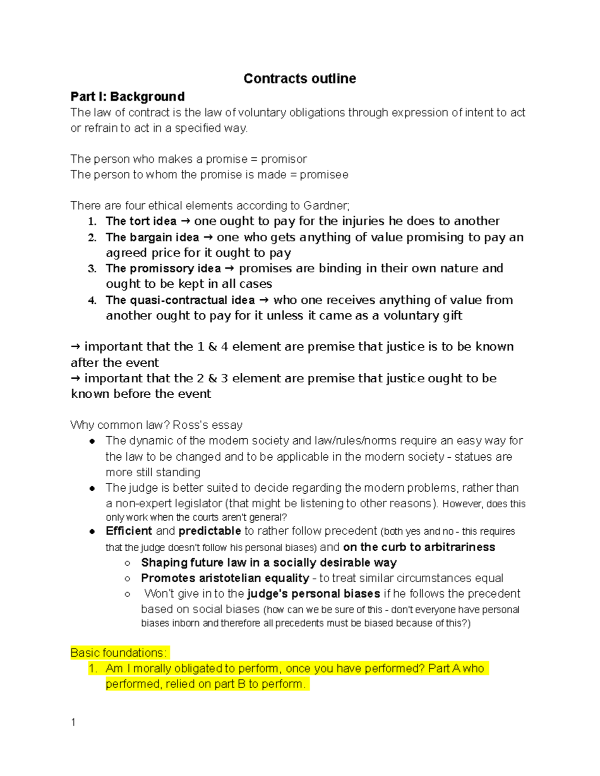 Contracts (general II) - Contracts outline Part I: Background The law ...