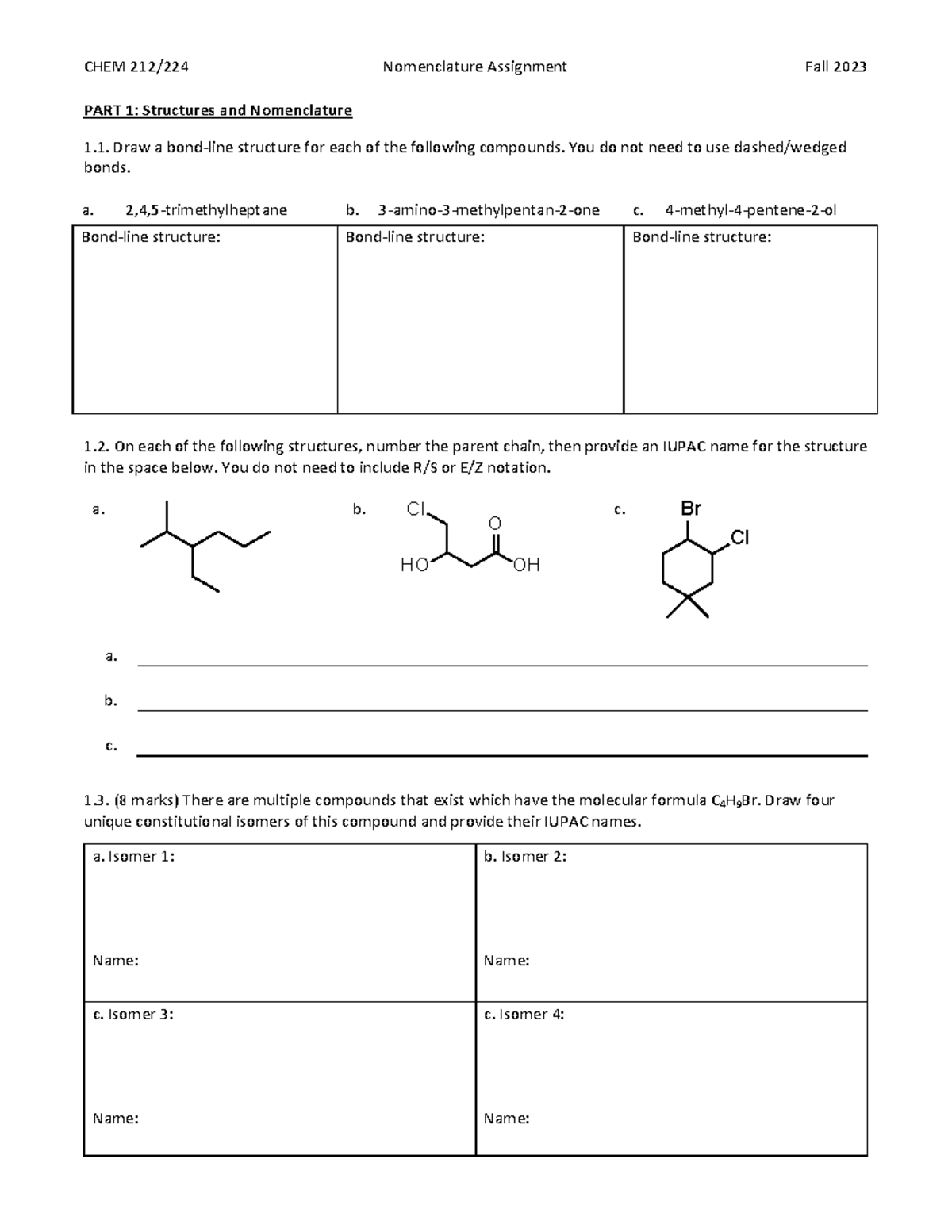 212-assignment-nomenclature - CHEM 212/224 Nomenclature Assignment Fall ...