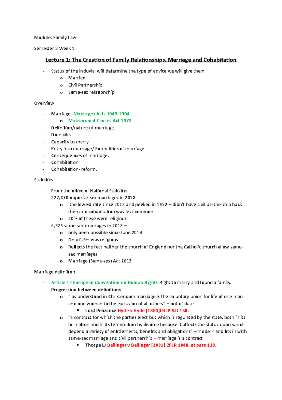Family Law - Week 1 Semester 1- Lecture 1 and 2- Cohabitation and ...