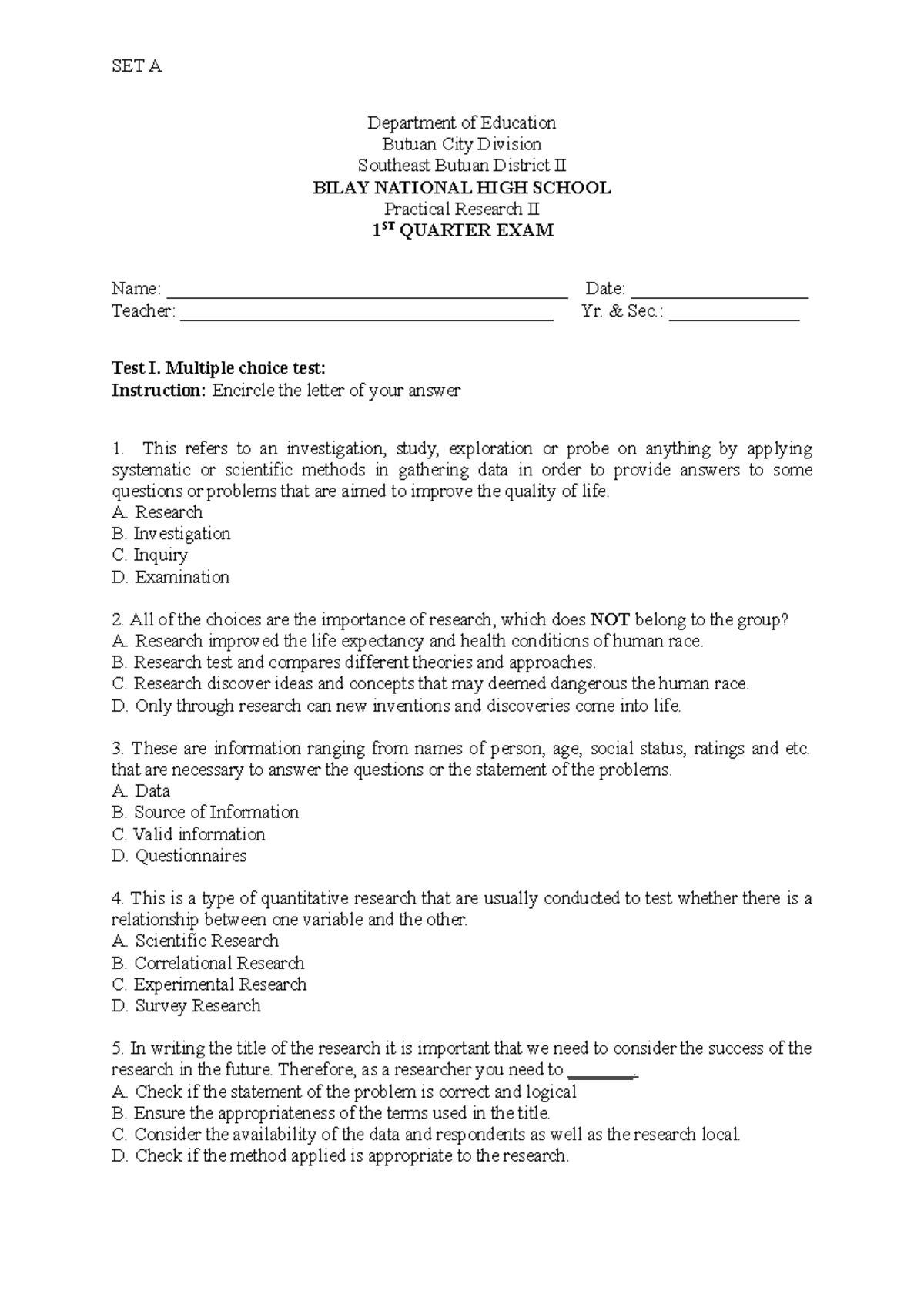 First Periodical Exam practical research II - Department of Education ...