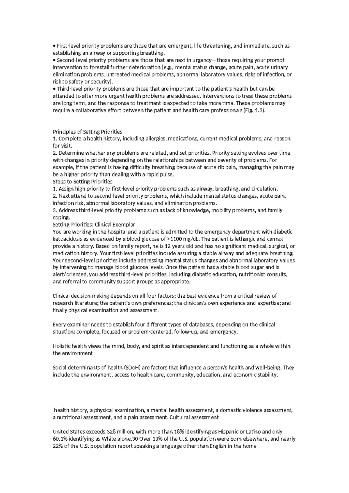 Health assessment CH 1-4 Notes - First-level priority problems are ...