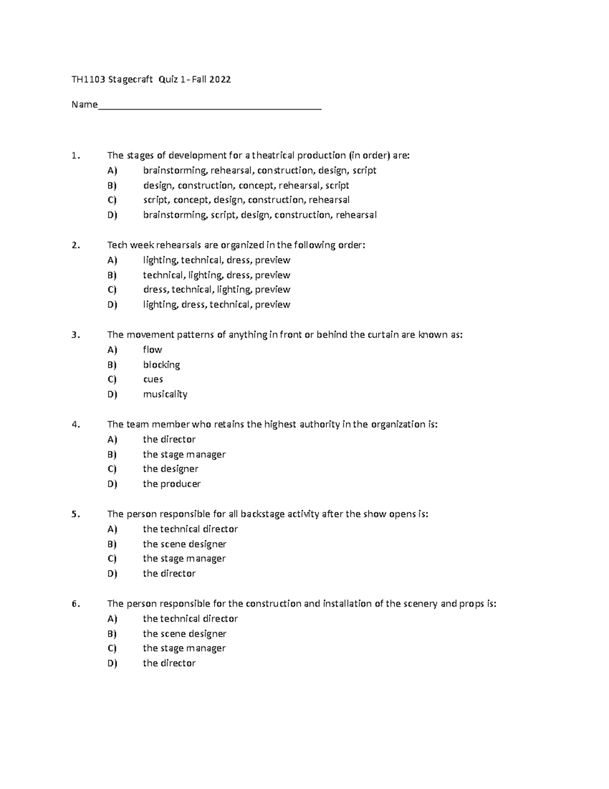 TH1103Quiz1and Key - TH1103 Stagecraft Quiz 1- Fall 2022 - Studocu