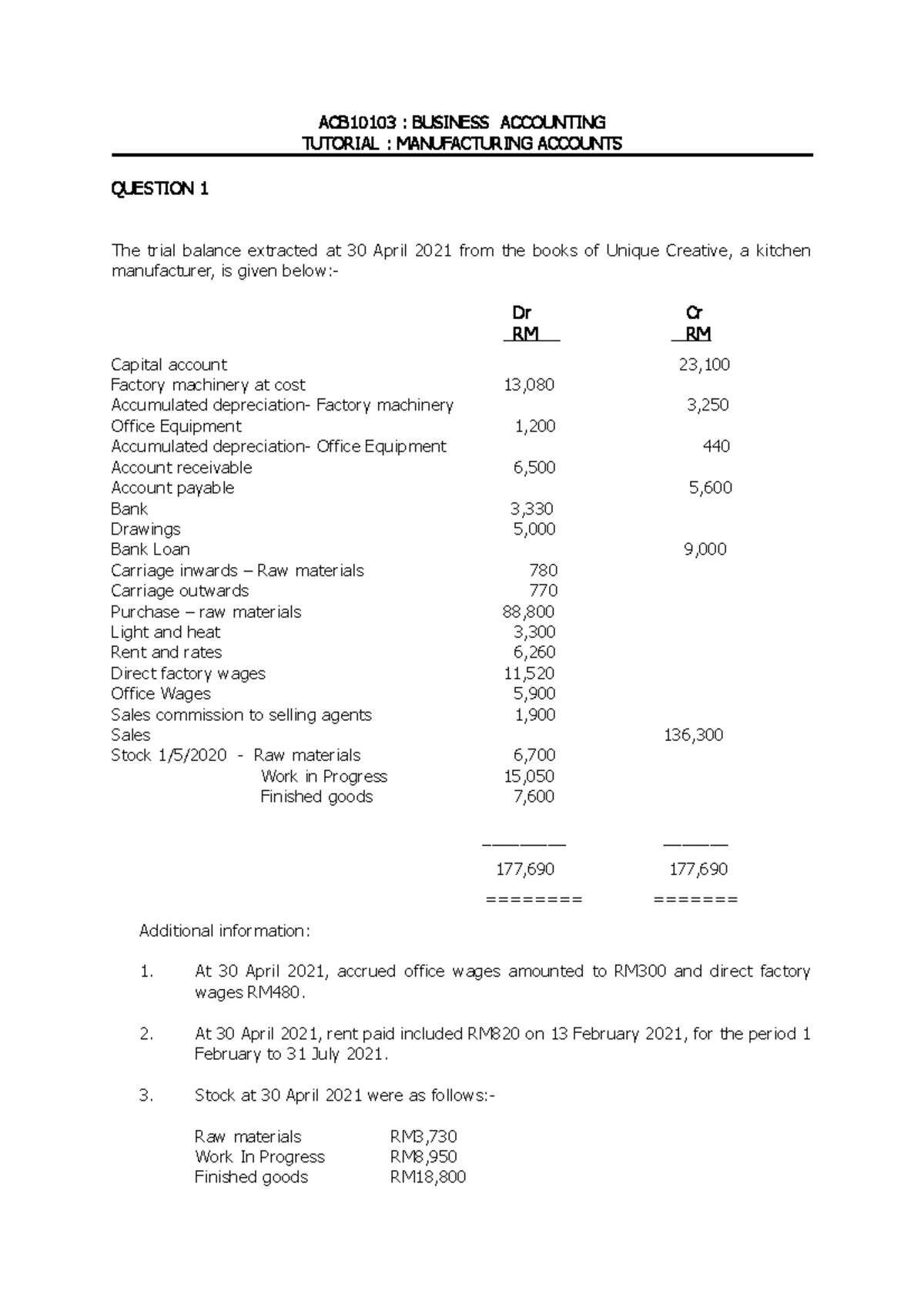 Tutorial manufacturing account - ACB 10103 : BUSINESS ACCOUNTING ...