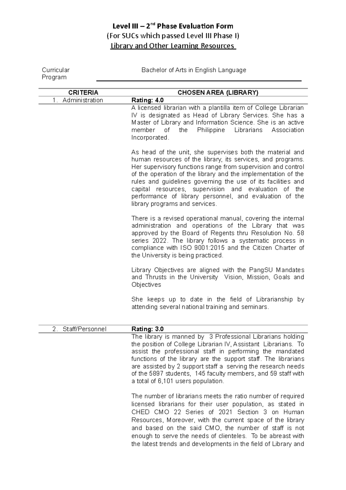 Pangsu - for learning - Level III – 2nd Phase Evaluation Form (For SUCs ...