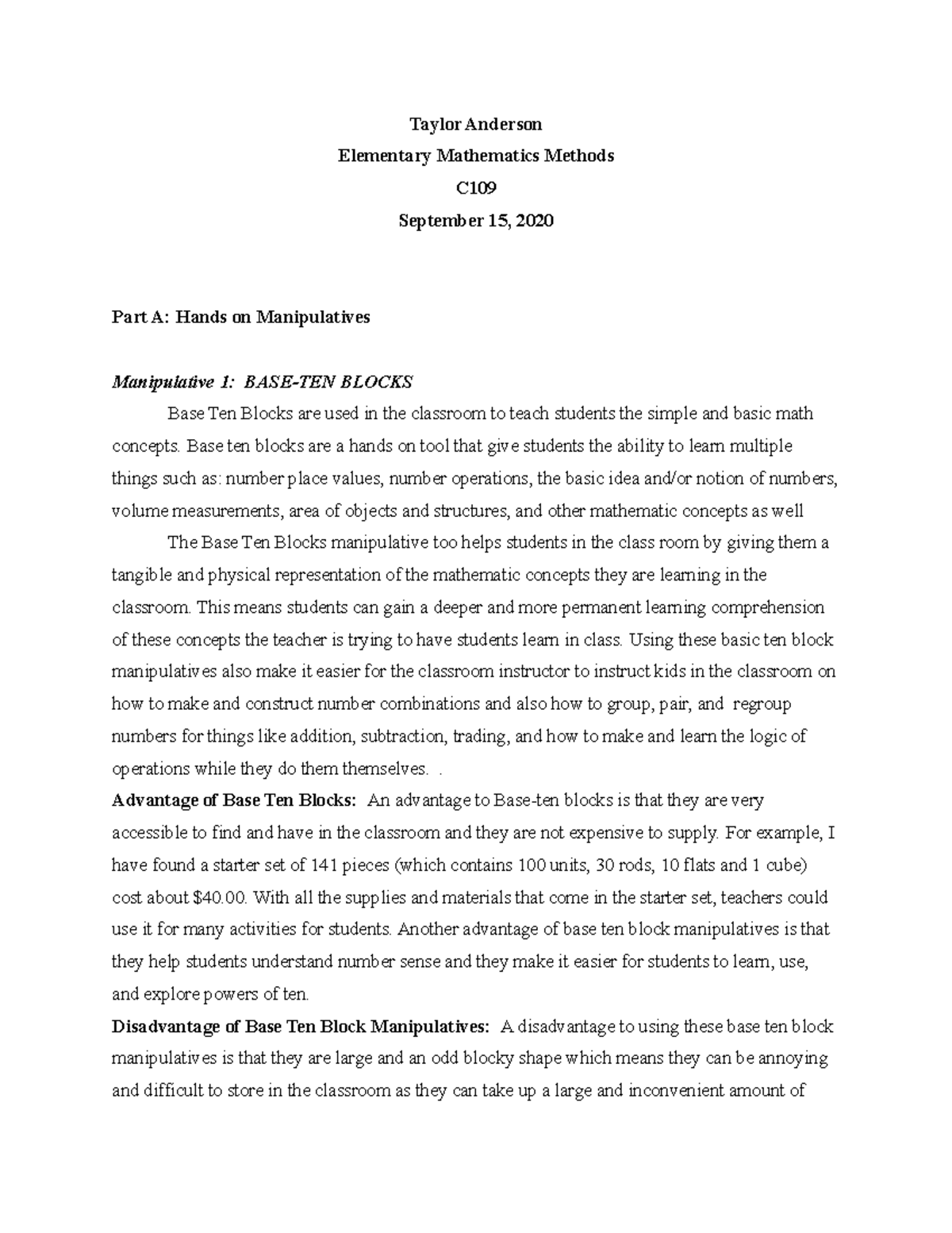 Mathmatic Methods task 1 - Taylor Anderson Elementary Mathematics ...