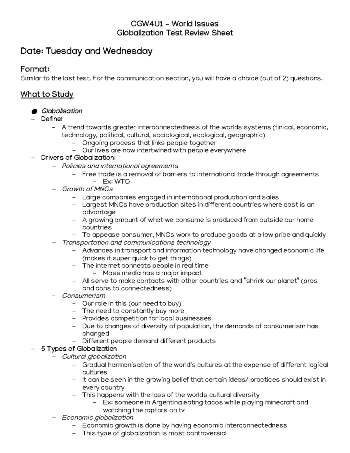 Unit 2 Test Review Sheet - CGW4U1 - World Issues Globalization Test ...