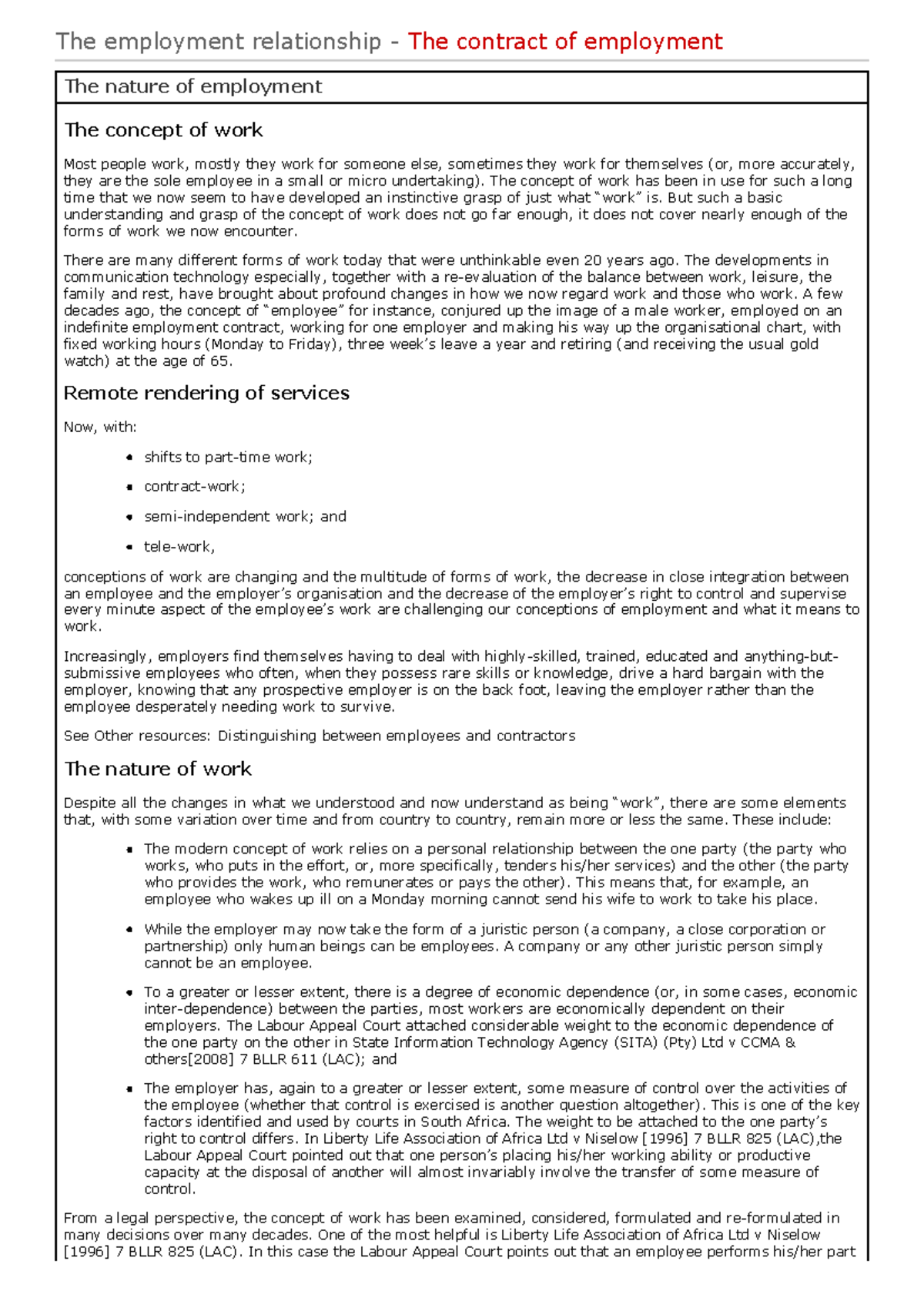 Labour Law 04 - Summary 4 - The employment relationship The contract of ...